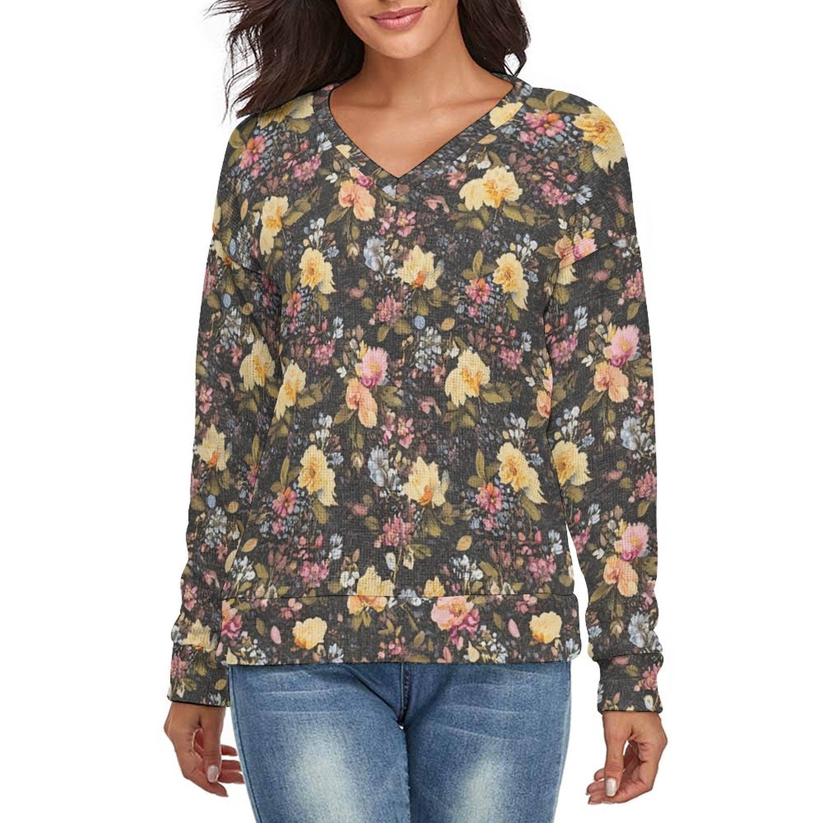 Dark Floral Seamless Repeat Pattern V-neck Sweater Winter Clothes Long Sleeve Knitwear Sweater ...