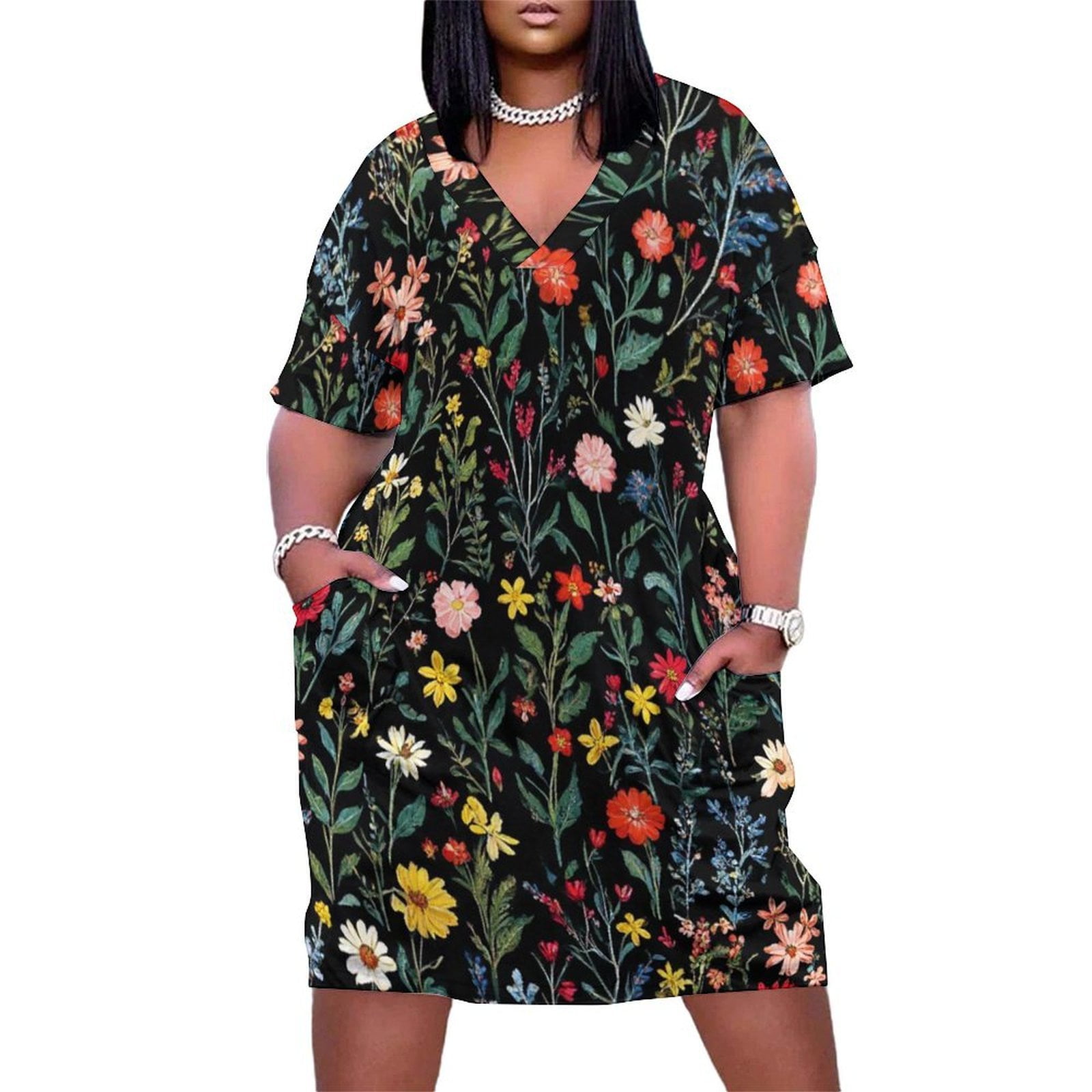 Dark Floral Textile Beautiful Design Loose Pocket Dress Dresses Summer ...