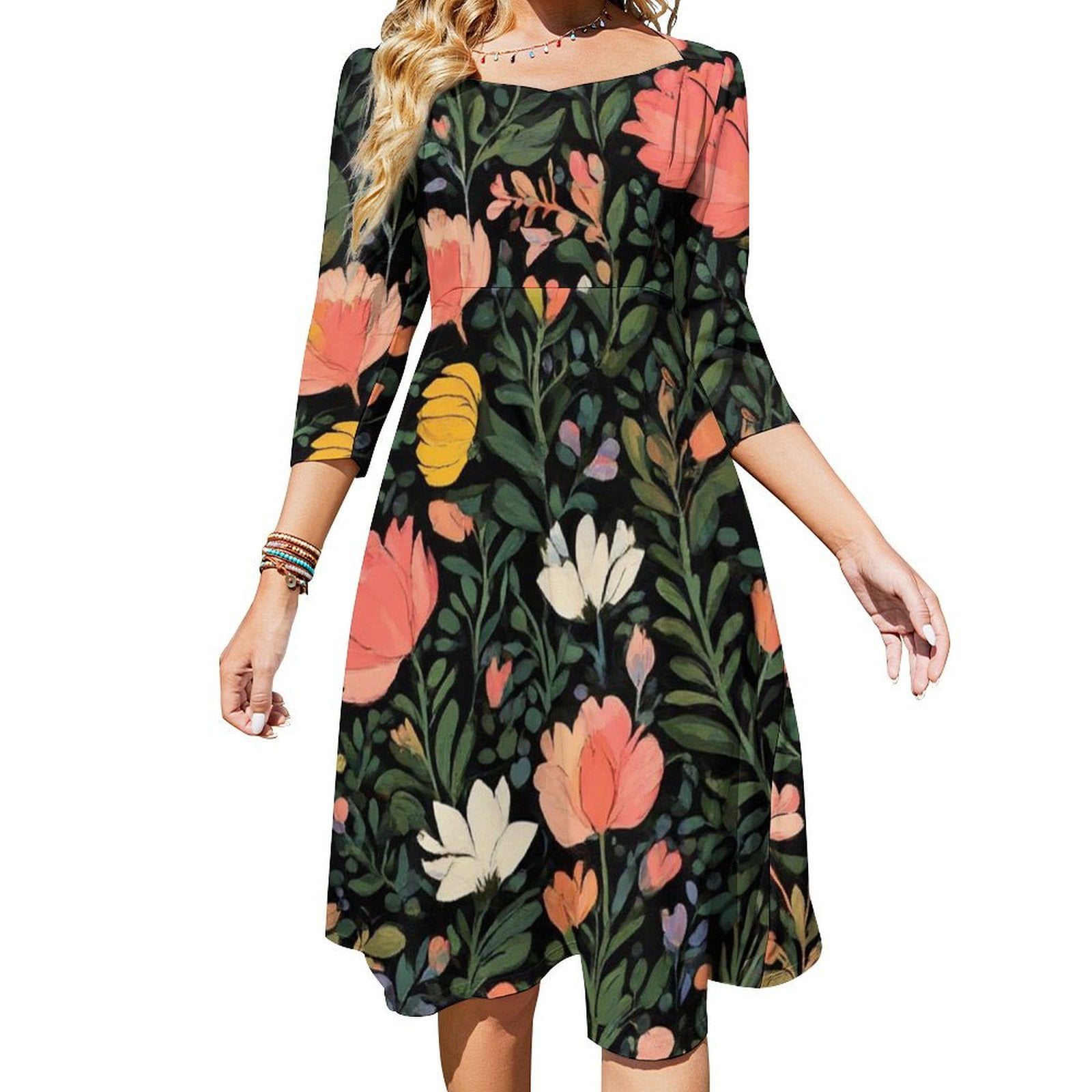 Dark Floral Vibrant Painted Blooms Womens Summer Dress Tie Back A Line ...