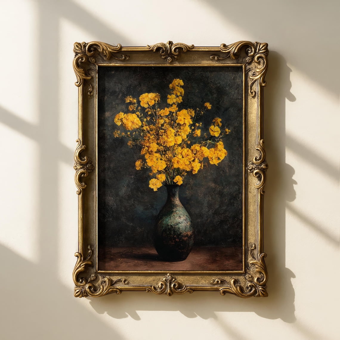 Dark Floral Wall Art, Vintage Of Yellow Flowers In Green Vase, Gothic ...