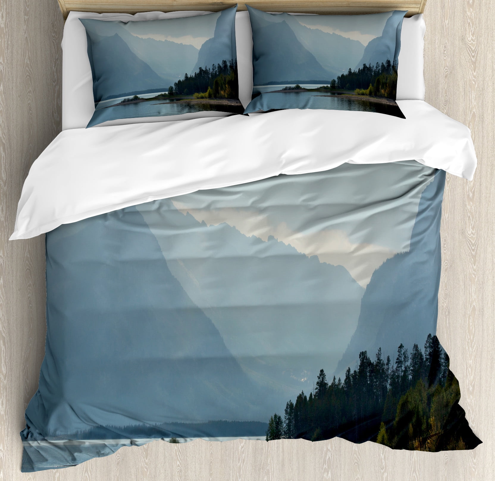 Dark Forest Duvet Cover Set, Shoreline of Jackson Lake Gloomy Weather ...