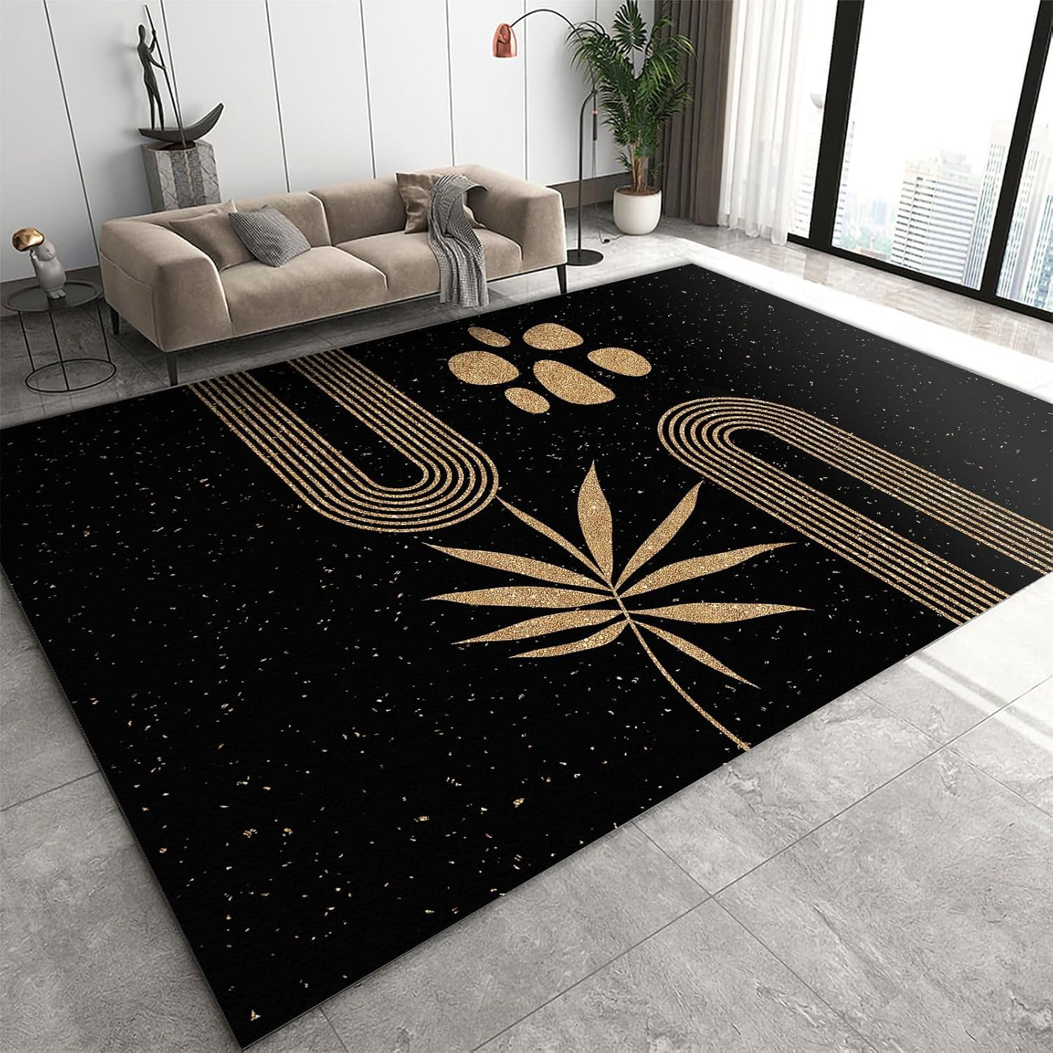 Dark Gold Leaves Bedroom Rug, Boho Abstract Geometric Modern Bedside ...