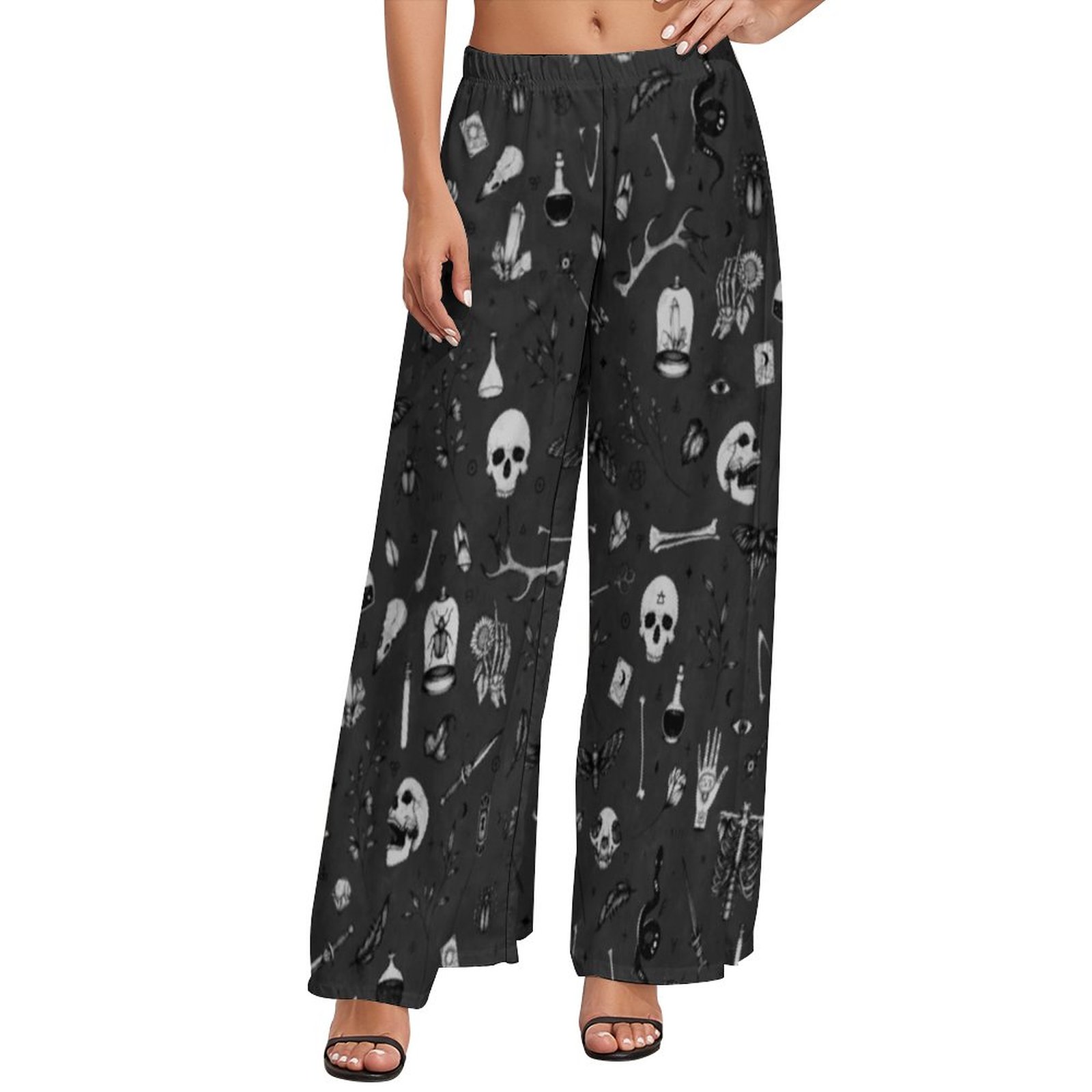 Dark Gothic Print Pants Summer High Waist Cat Star Moon Sexy Wide Leg ...