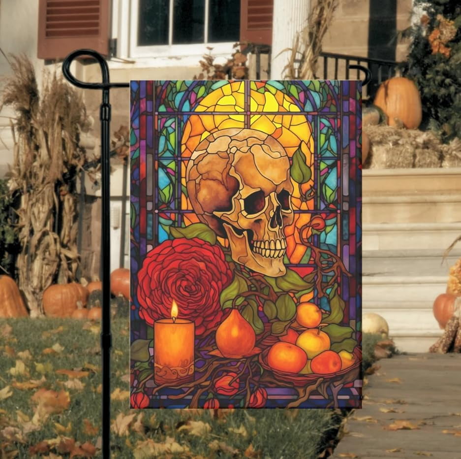 Dark Gothic Stained Glass Skeleton Spooky Season Halloween Skull Fall ...