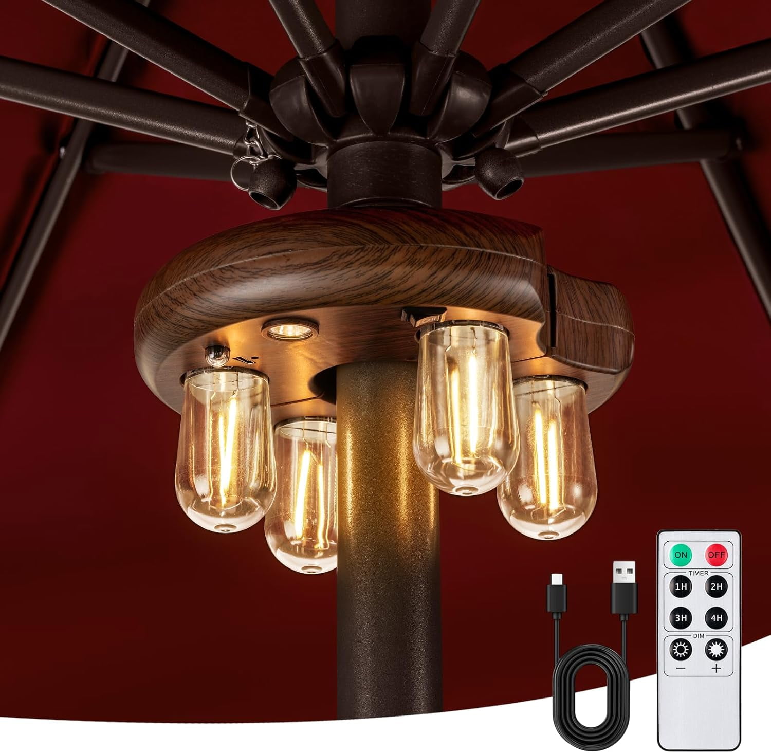 Dark Grain Patio Umbrella Light with Remote Control, Cordless Edison ...