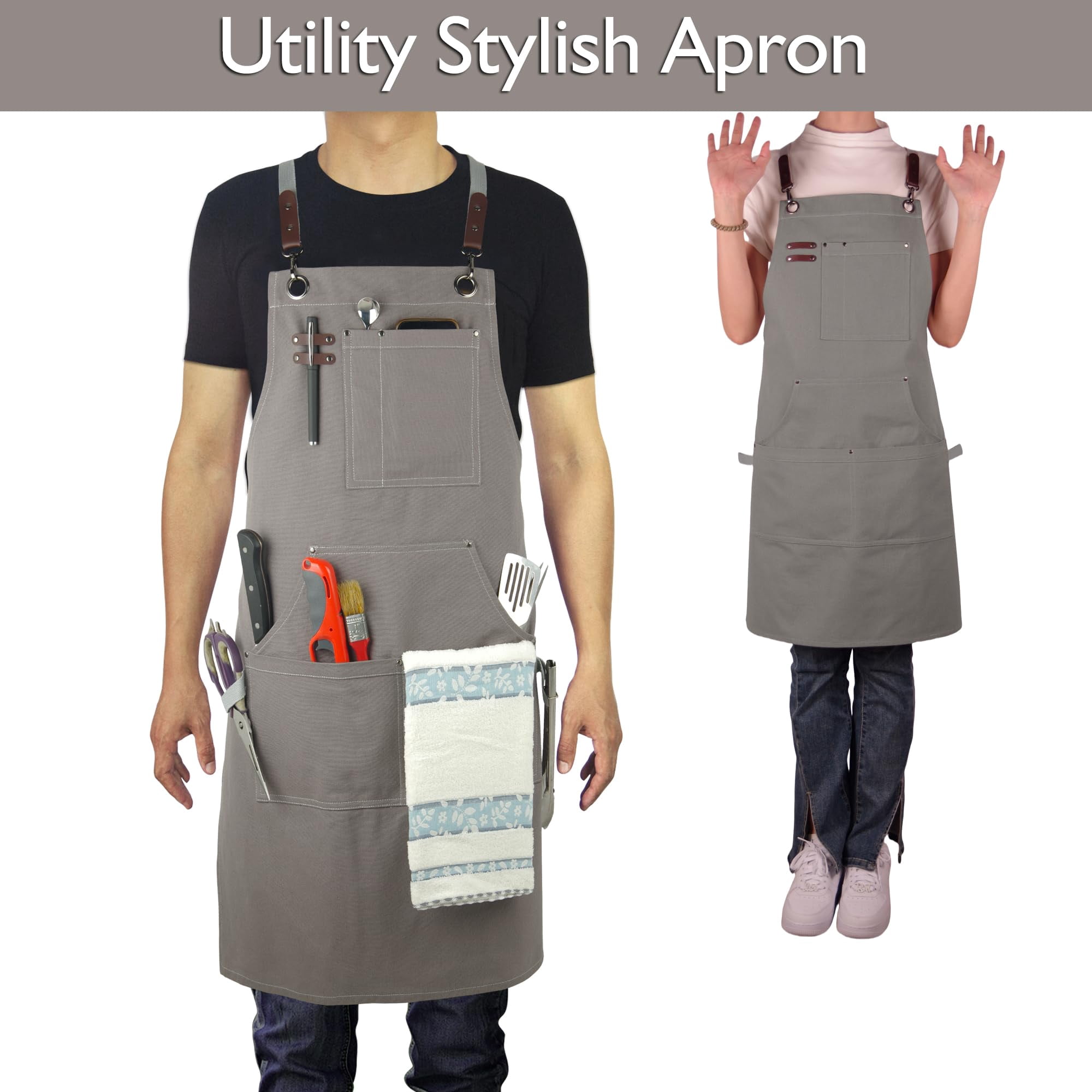 Dark Gray 1 Cooking Apron Canvas Multi-Pocket Workwear for Gardening ...