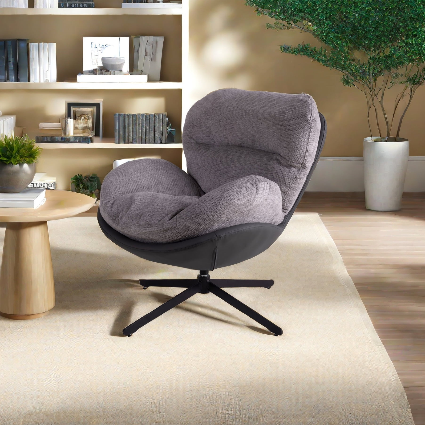 Dark Gray 360° Swivel Lounge Chair, Chenille And Faux Leather ...