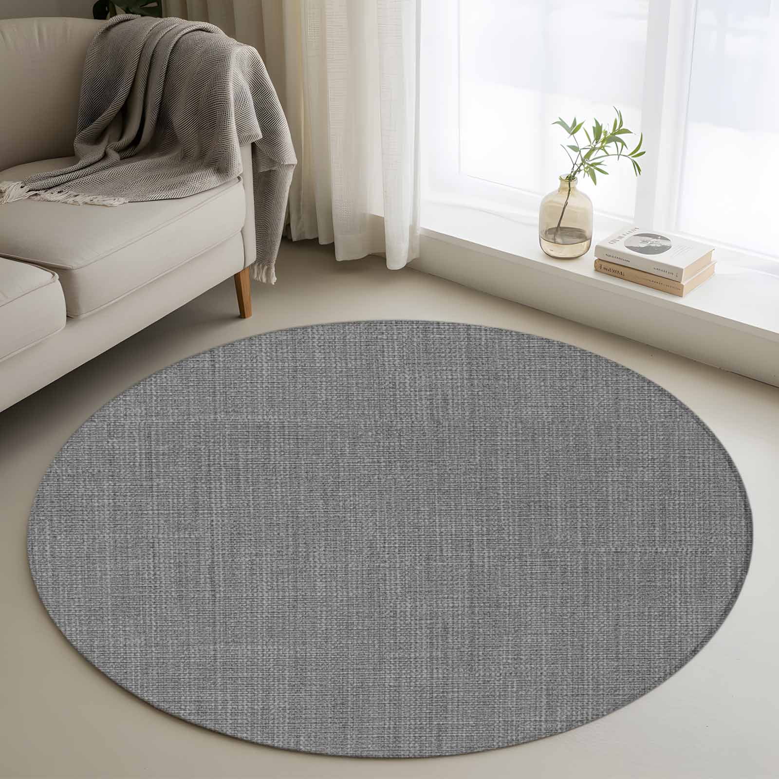 Dark Gray 4ft Round Rug, Farmhouse Burlap Solid Grey Color Modern Linen ...