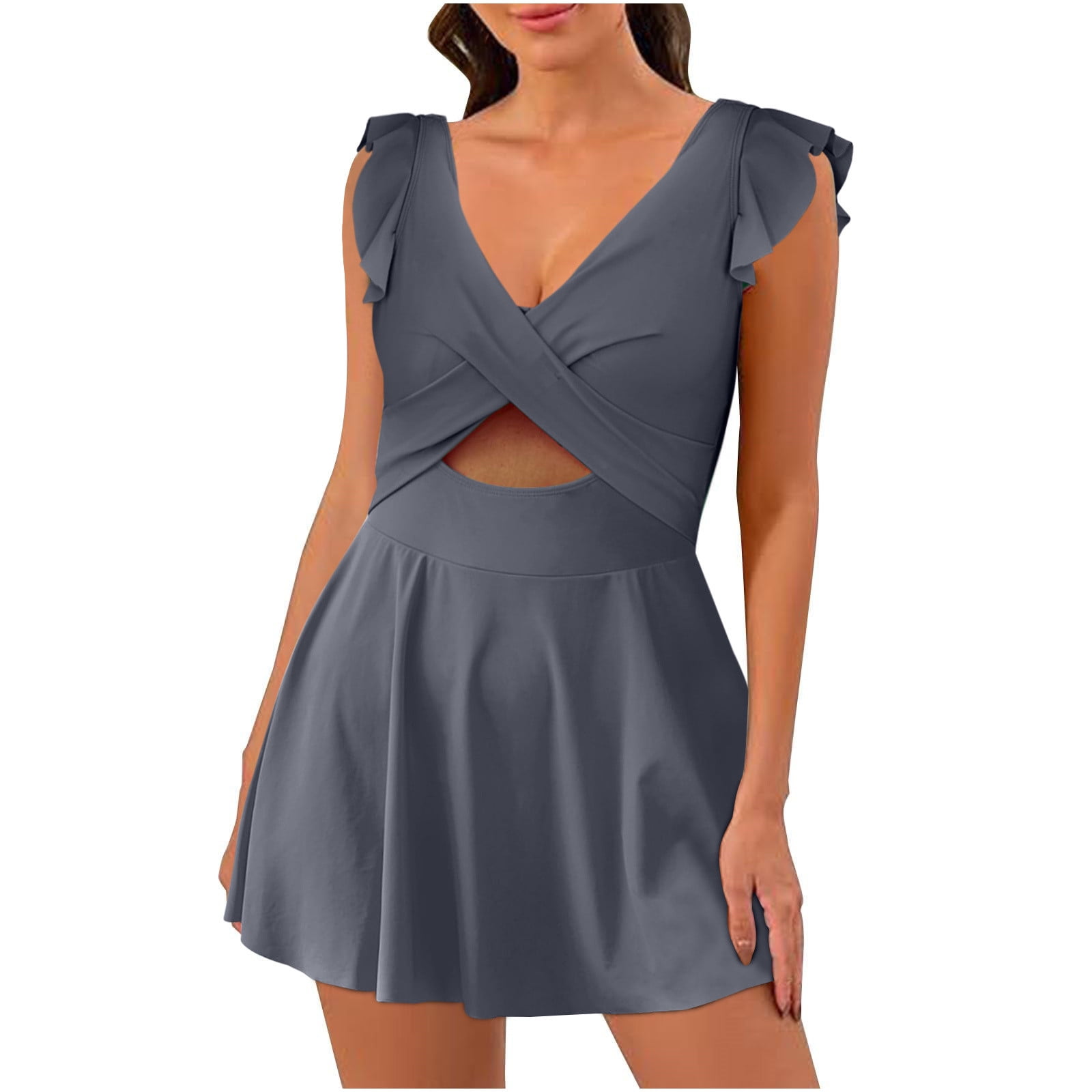 Dark Gray Beach Matching Casual Sets for Women Sleeveless Deep V Neck ...