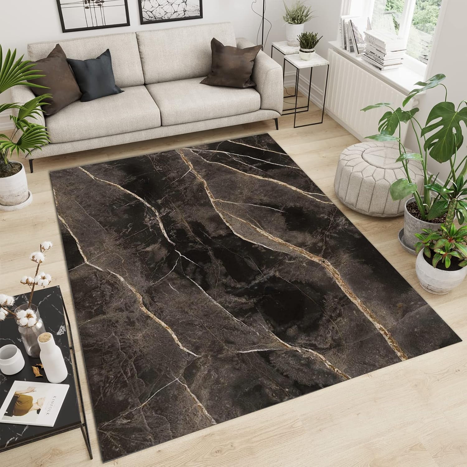 Dark Gray Brown Abstract Area Rug, Rectangular Living Room Rug, Bedroom ...