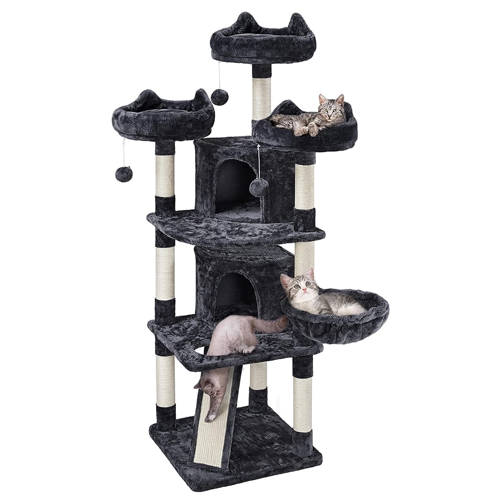 Dark Gray Cat Tree Big Cat House Plush Cat Tower with Caves Condos ...