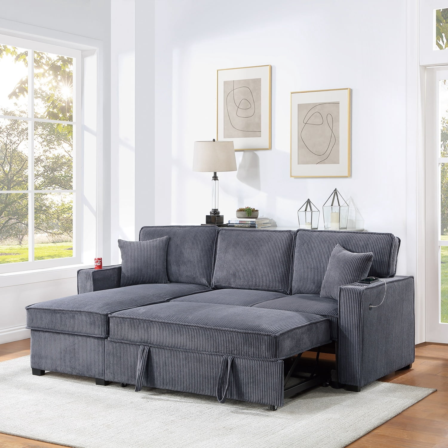 Dark Gray Corduroy Sectional Sofa Reversible Chaise Storage Pull Out ...