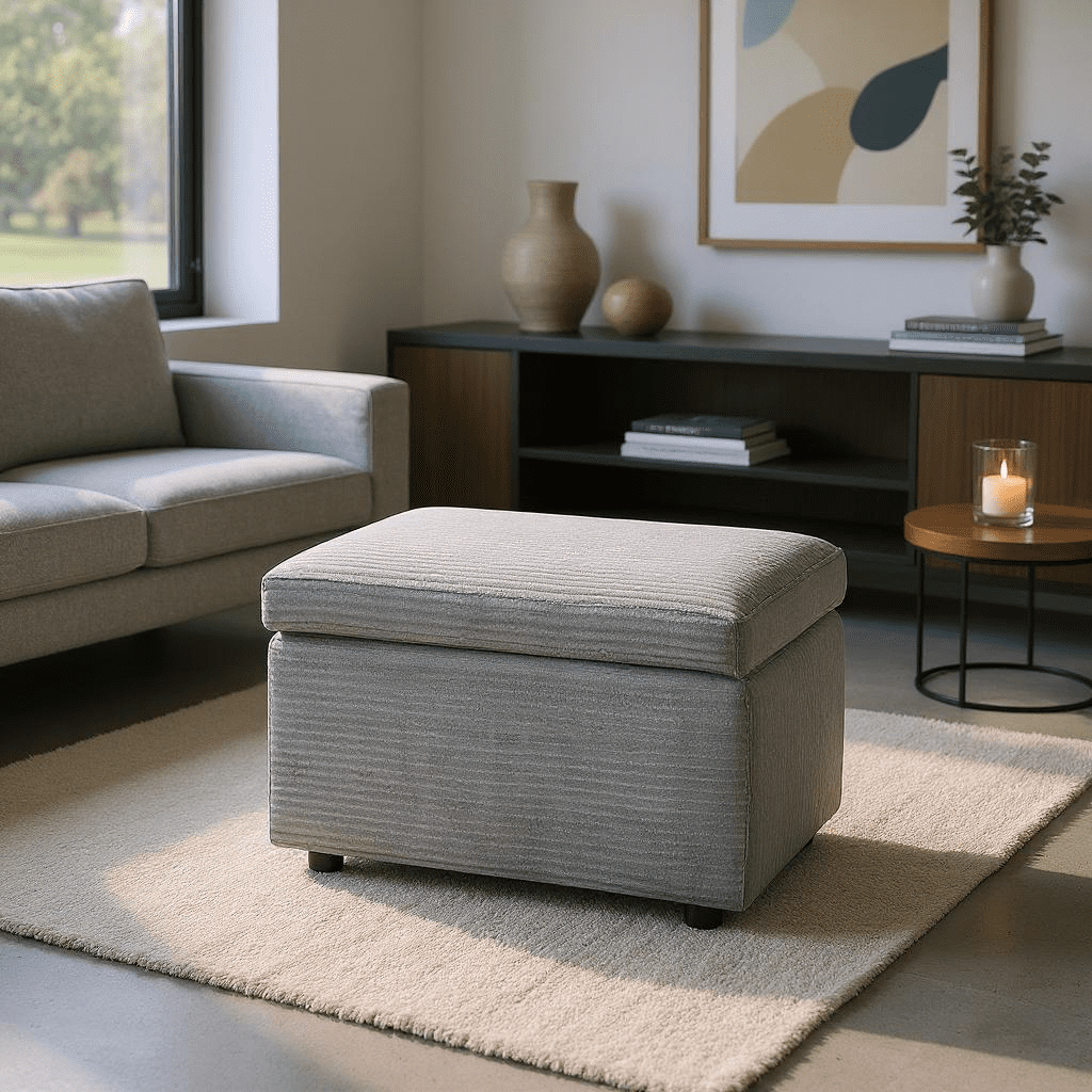 Dark Gray Corduroy Upholstered Storage Ottoman with Black Round Rubber Feet – 63×43×43cm, Hidden ...