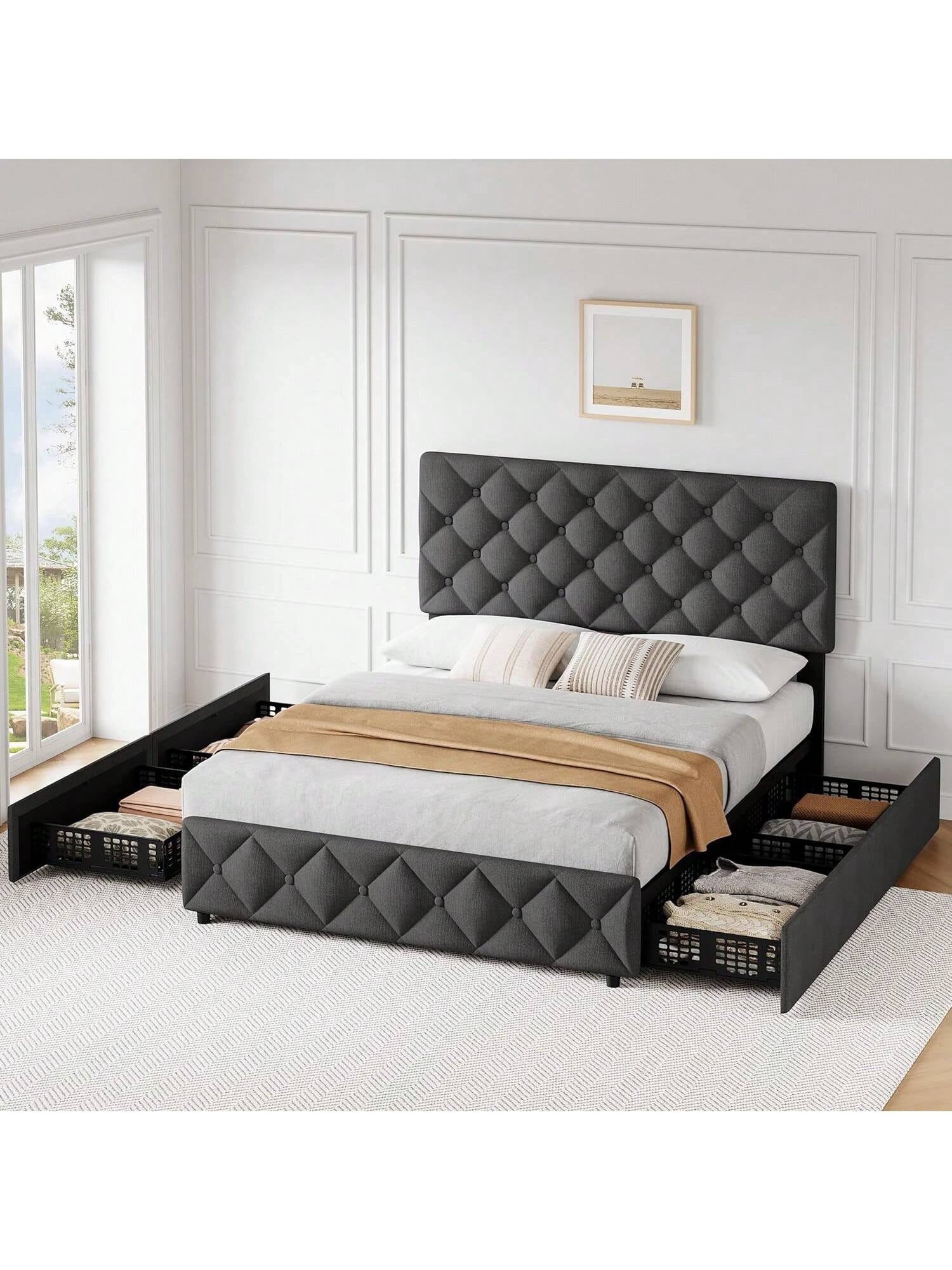 Dark Gray Double bed Full Size Bed Frame With 4 Storage Drawers And ...