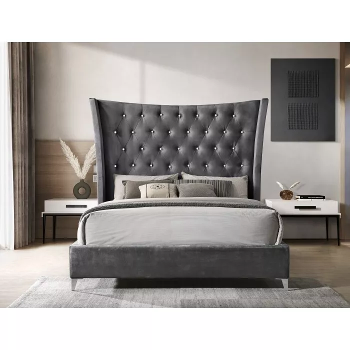 Dark Gray Eastern King Platform Bed, Wing Back Crystal Tufted Headboard ...