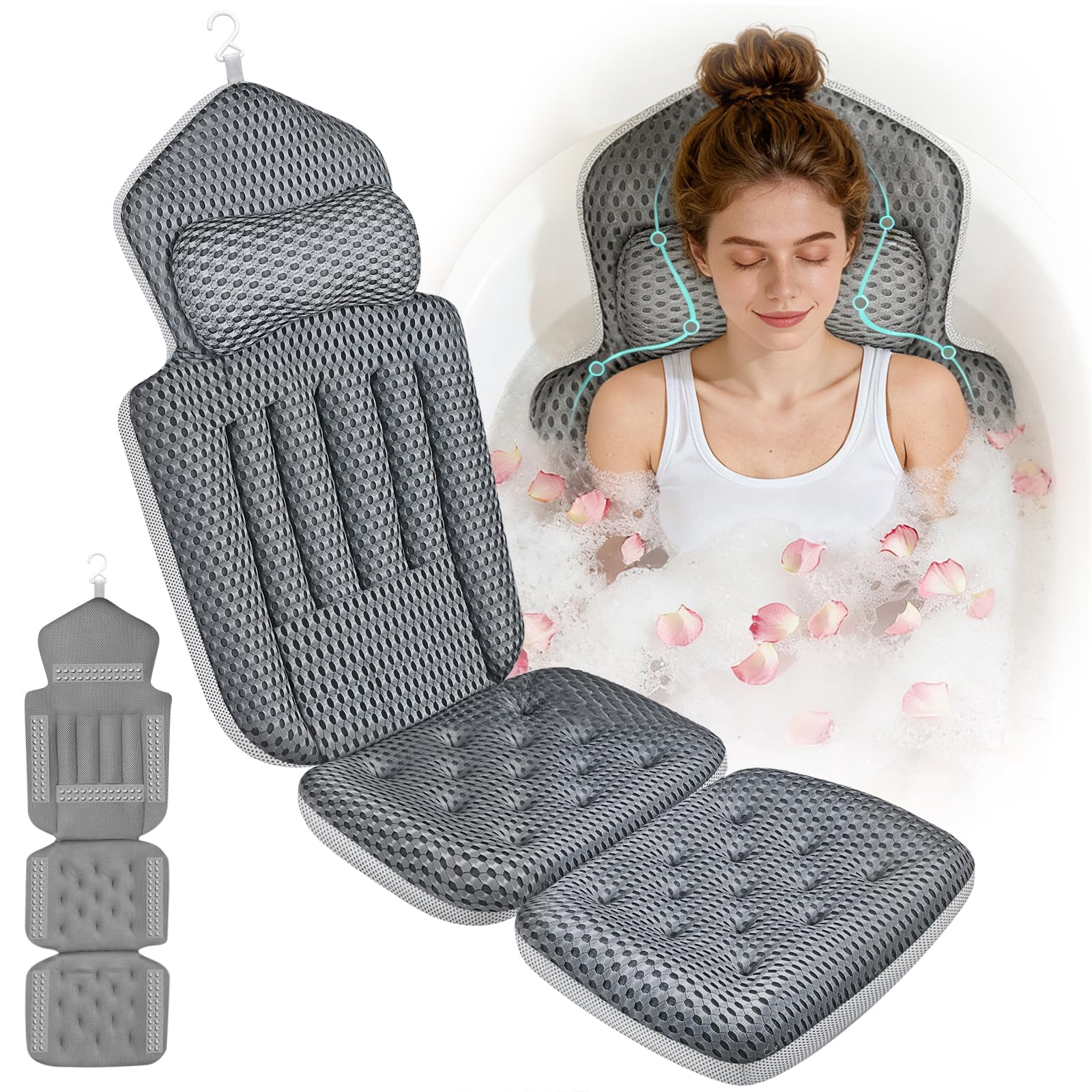 Dark Gray Full Body Bath Pillow 4D Air Mesh Head Neck Shoulder Support ...