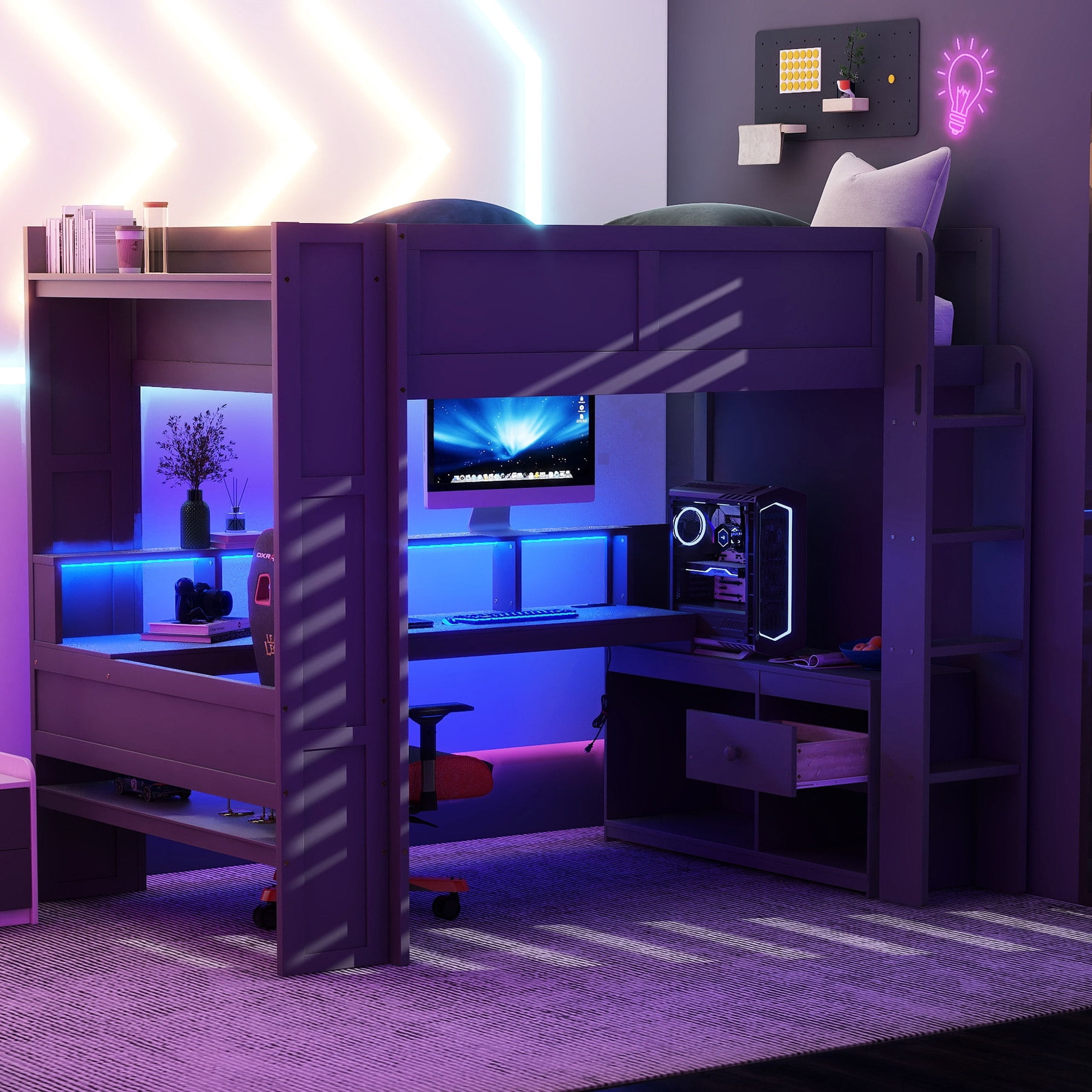 Dark Gray Full Size Gaming Loft Bed | LED Lighting & USB Charging ...