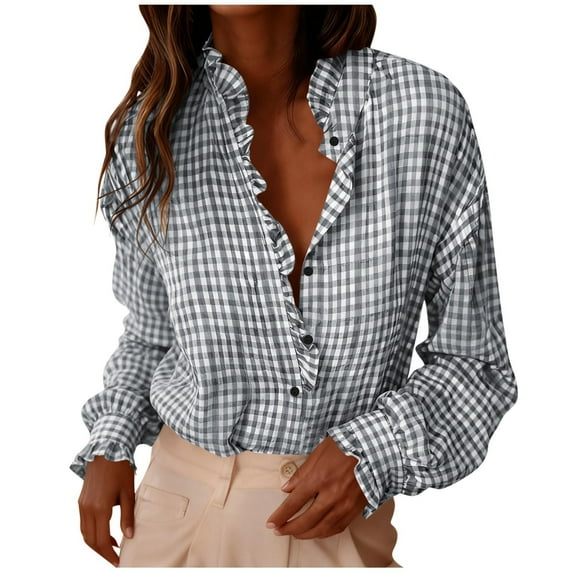 Dark Gray Gingham Long Sleeve Ruffled Blouse for Women - Soft Stretch ...