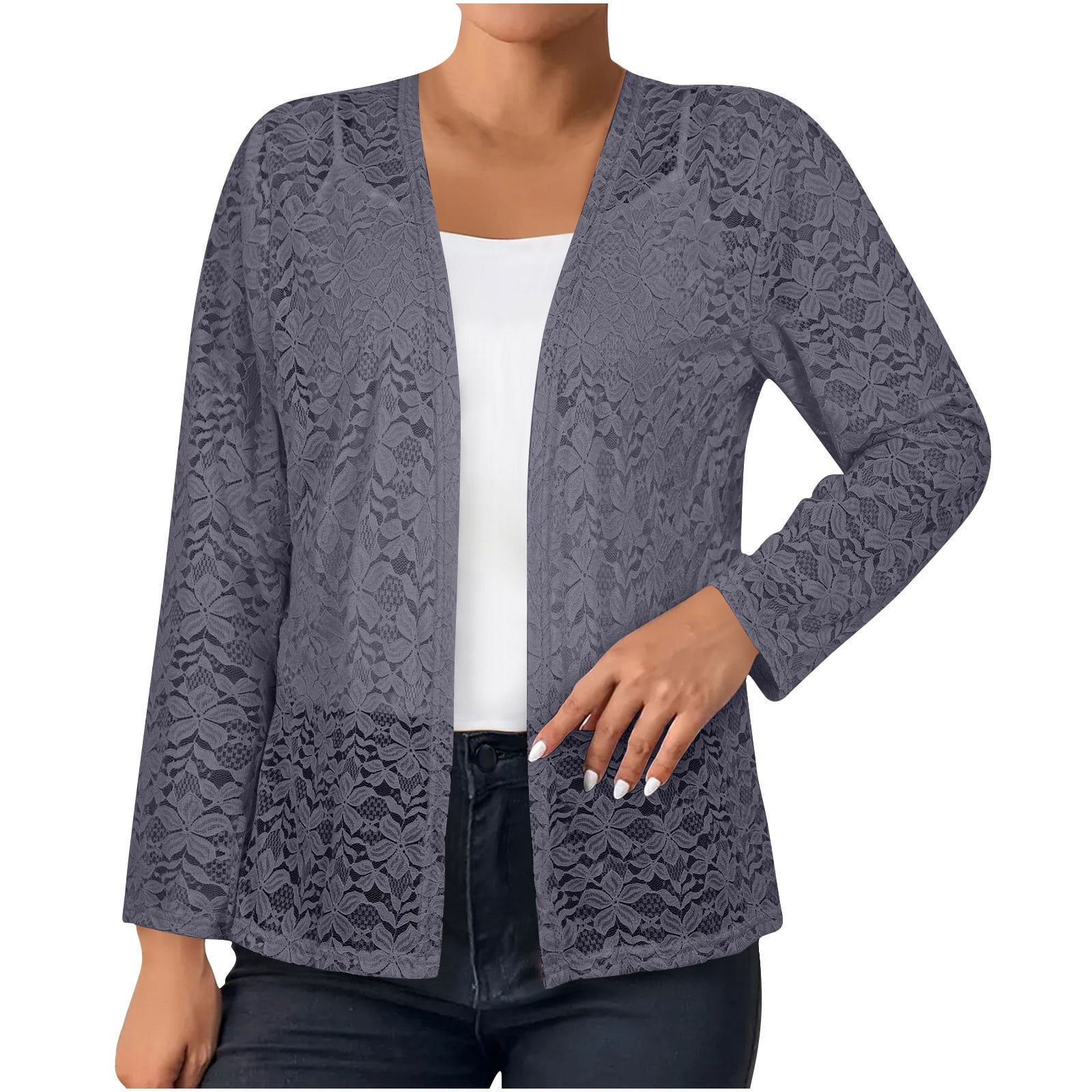 Dark Gray Lace Spandex Tops for Women Winter Fall Long Sleeve Casual ...