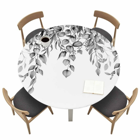 Dark Gray Leaf Round Fitted Tablecloth with Elastic Edge Eucalyptus ...