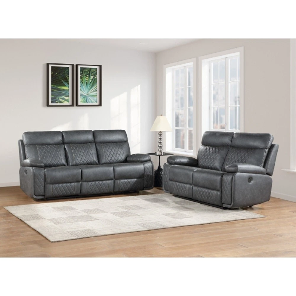 Dark Gray Leather Manual Reclining Sofa 2Pc Set, Diamond Stitching Sofa Loveseat, Modern Living ...