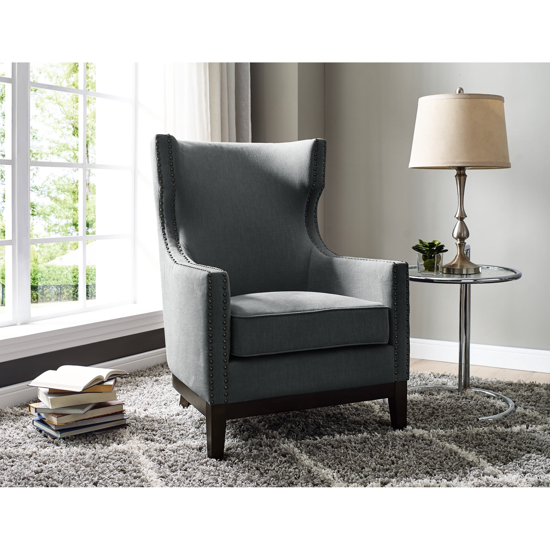 Dark Gray Linen Wingback Chair - Solid Wood & Plywood Frame, Oak Legs ...