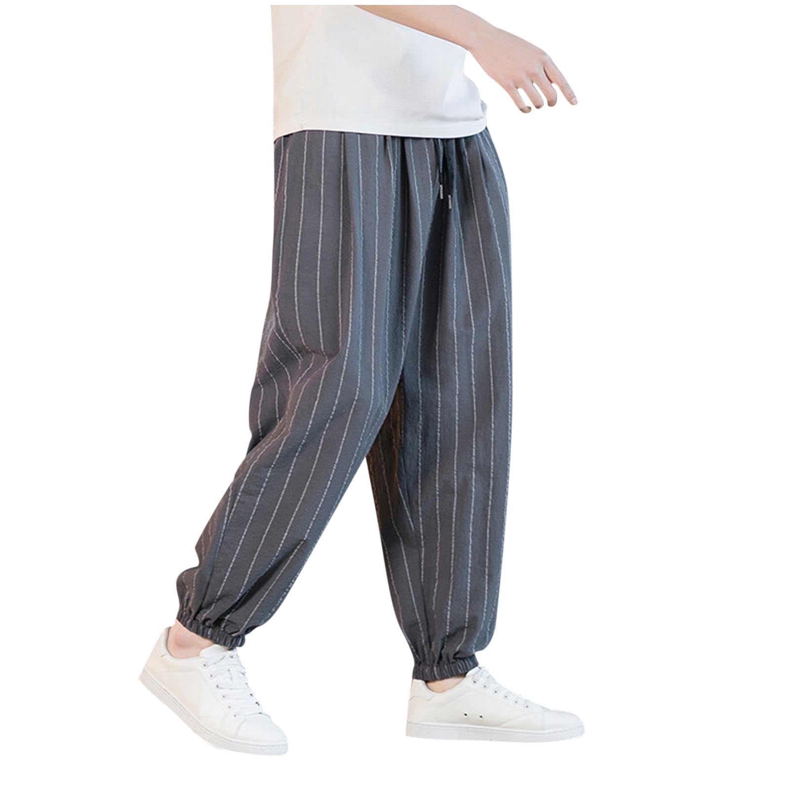 Dark Gray Man Harem Striped Straight Leg Elastic Waist Long Leg Graphic ...