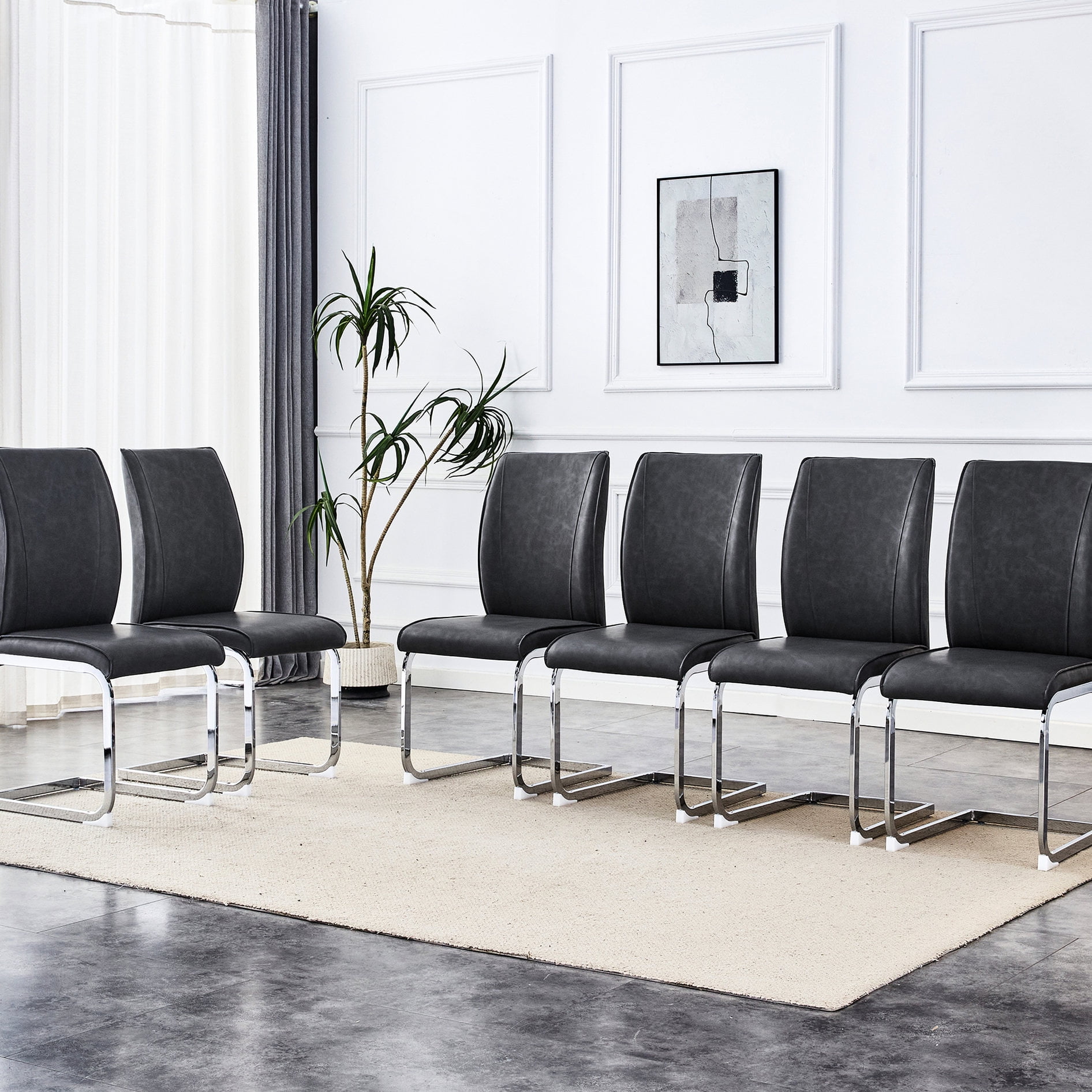 Dark Gray PU Dining Chair Set, Arched Design, High Resilience Sponge ...