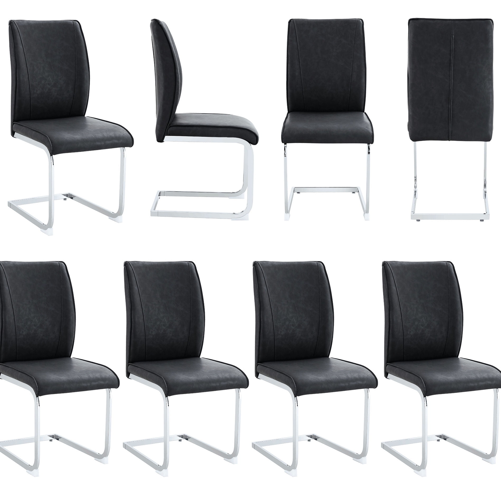 Dark Gray PU Dining Chair Set of 8 with Arched Silver Metal Legs, High ...