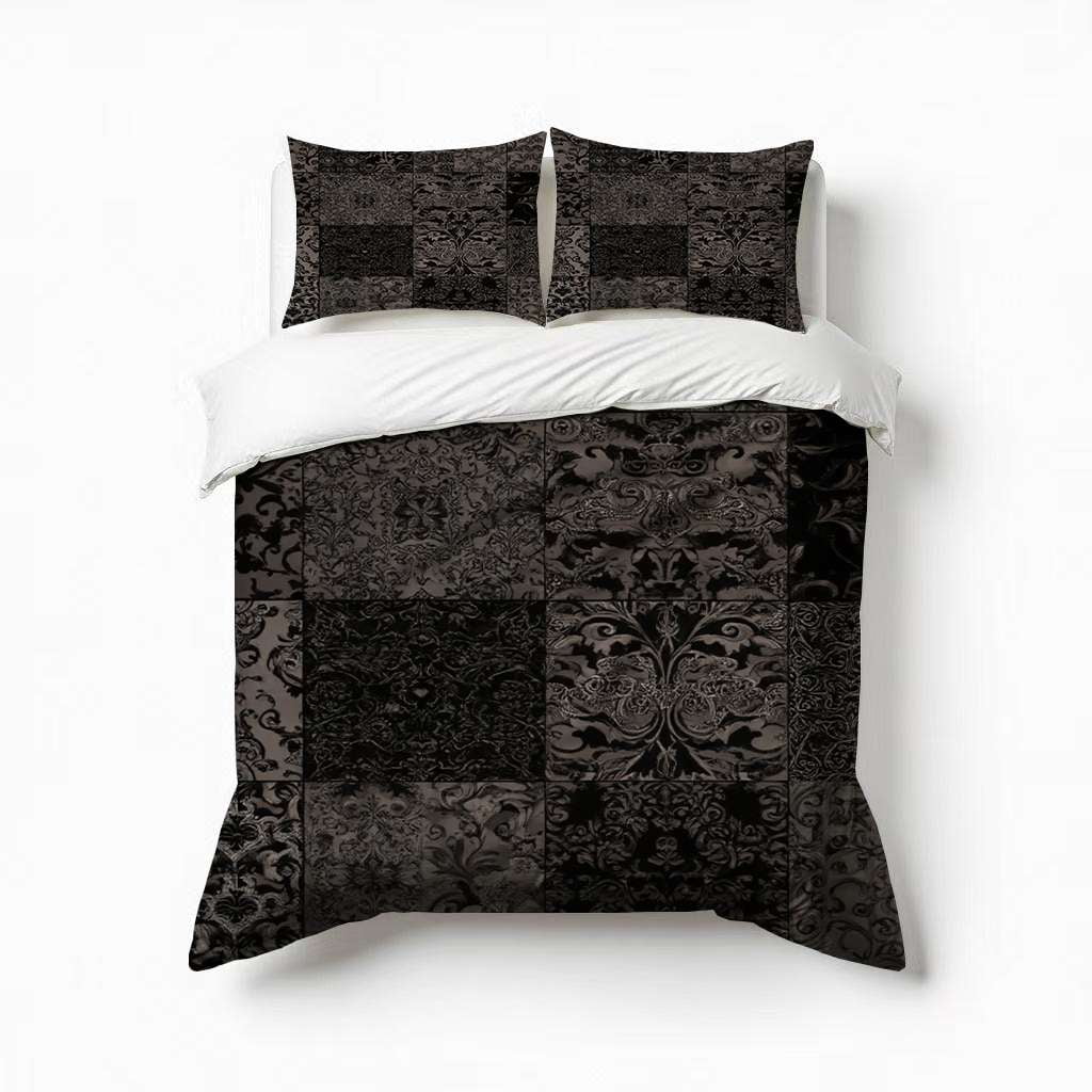 Dark Gray Patterned Patchwork Quilt Bedding Set 3 Pcs Soft Microfiber ...