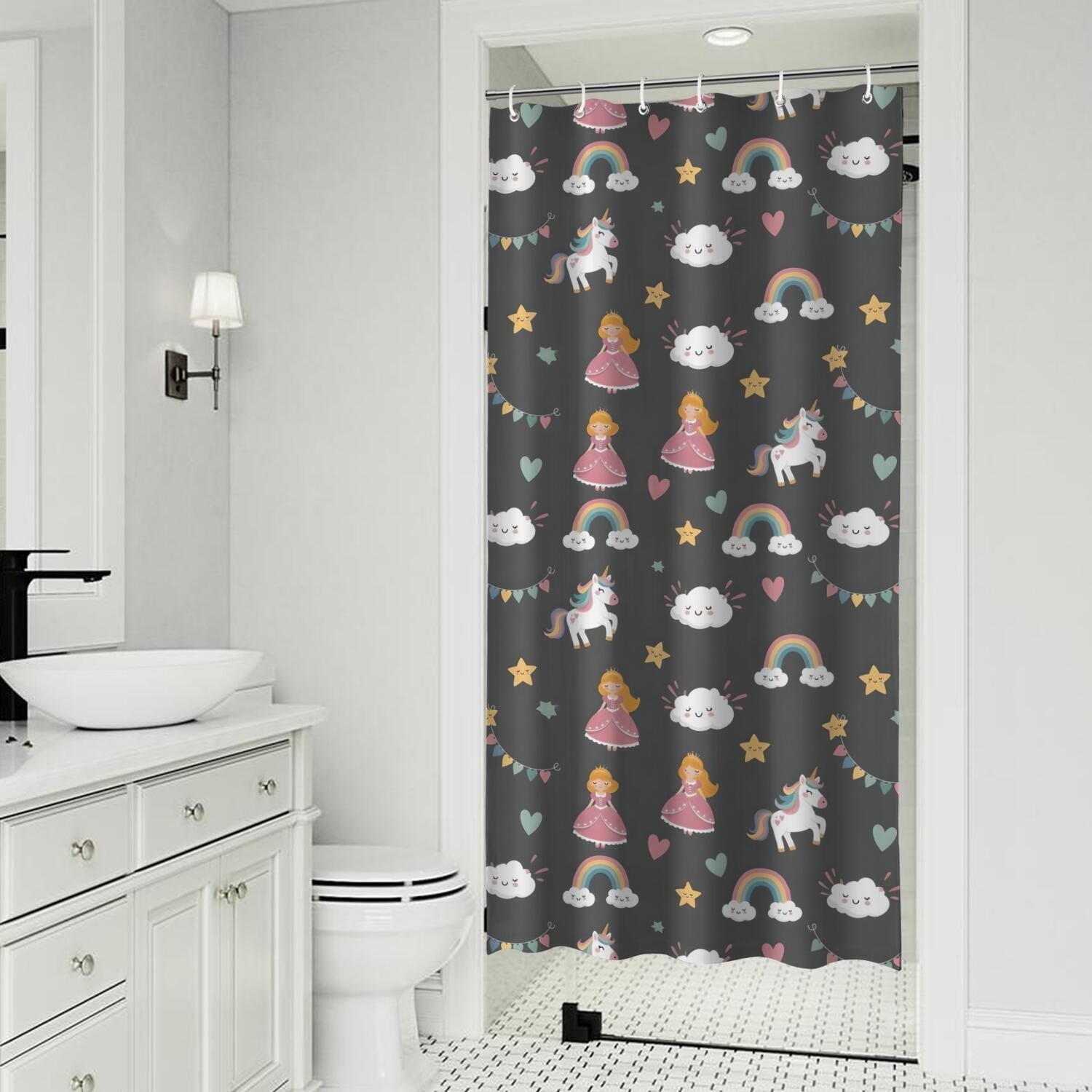 Dark Gray Princess Unicorn Cloud Pattern Shower Curtain 36"x72 ...