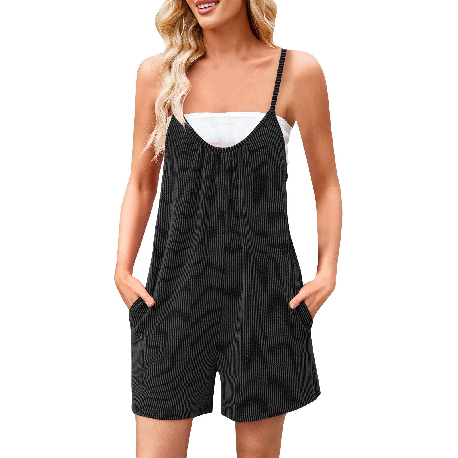 Dark Gray Ribbed Crochet Straight Leg Basic Brunch Overalls Shortalls for Teen Girls Summer Fall ...