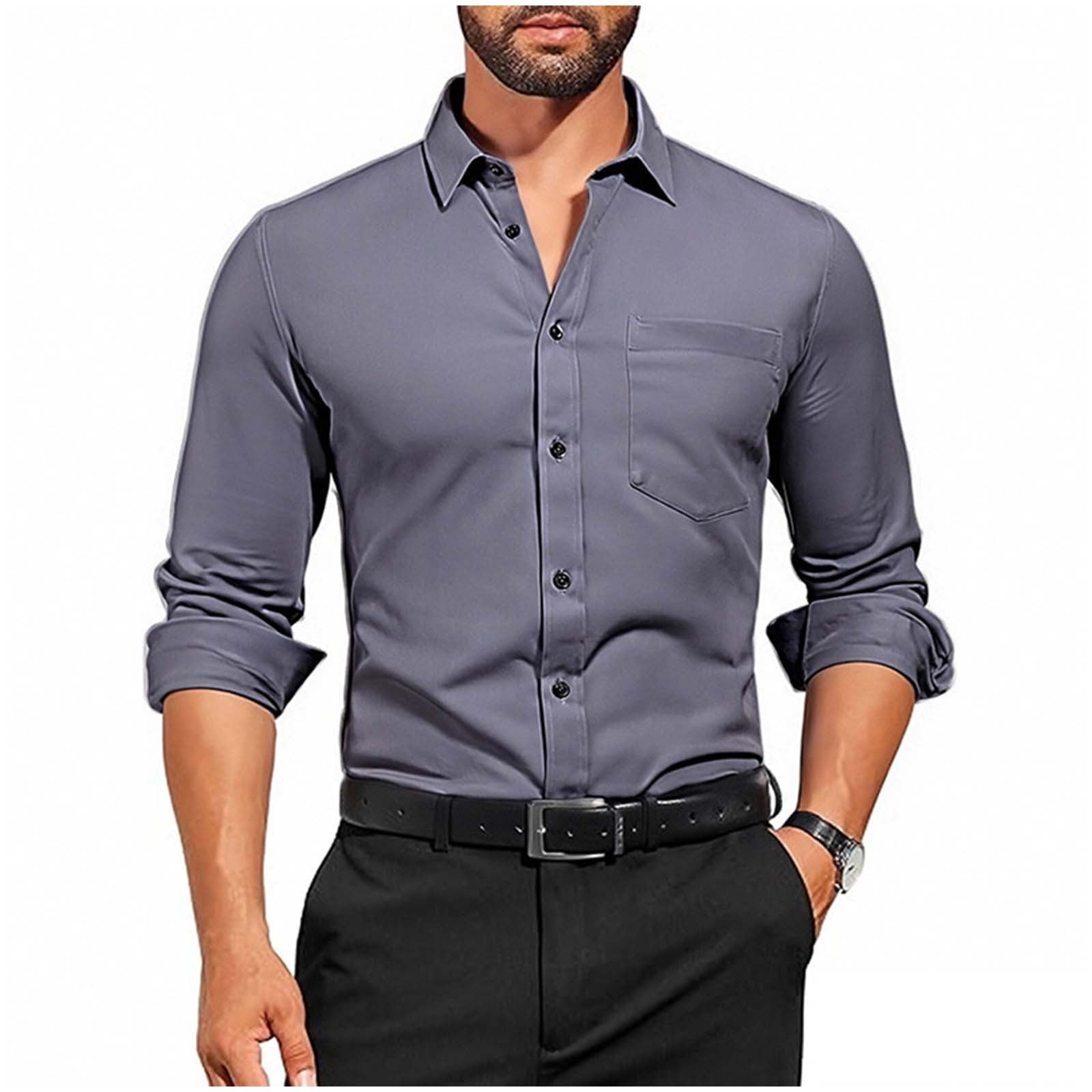 Dark Gray Shirts for Mens Summer Fall Long Sleeve Turtleneck Spandex ...