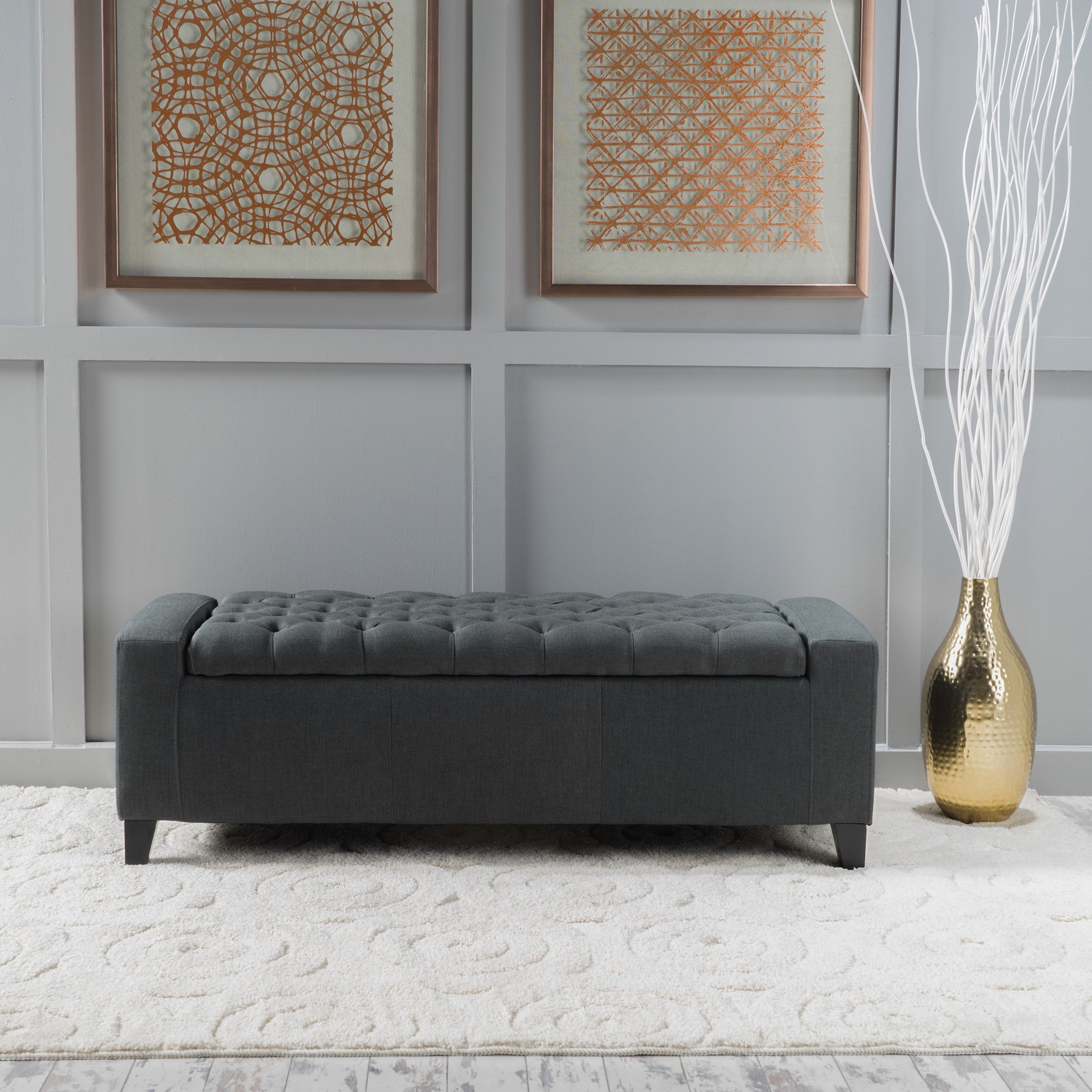 Dark Gray Storage Ottoman Bench with Tufted Top, 51" W X 20" D Multi ...