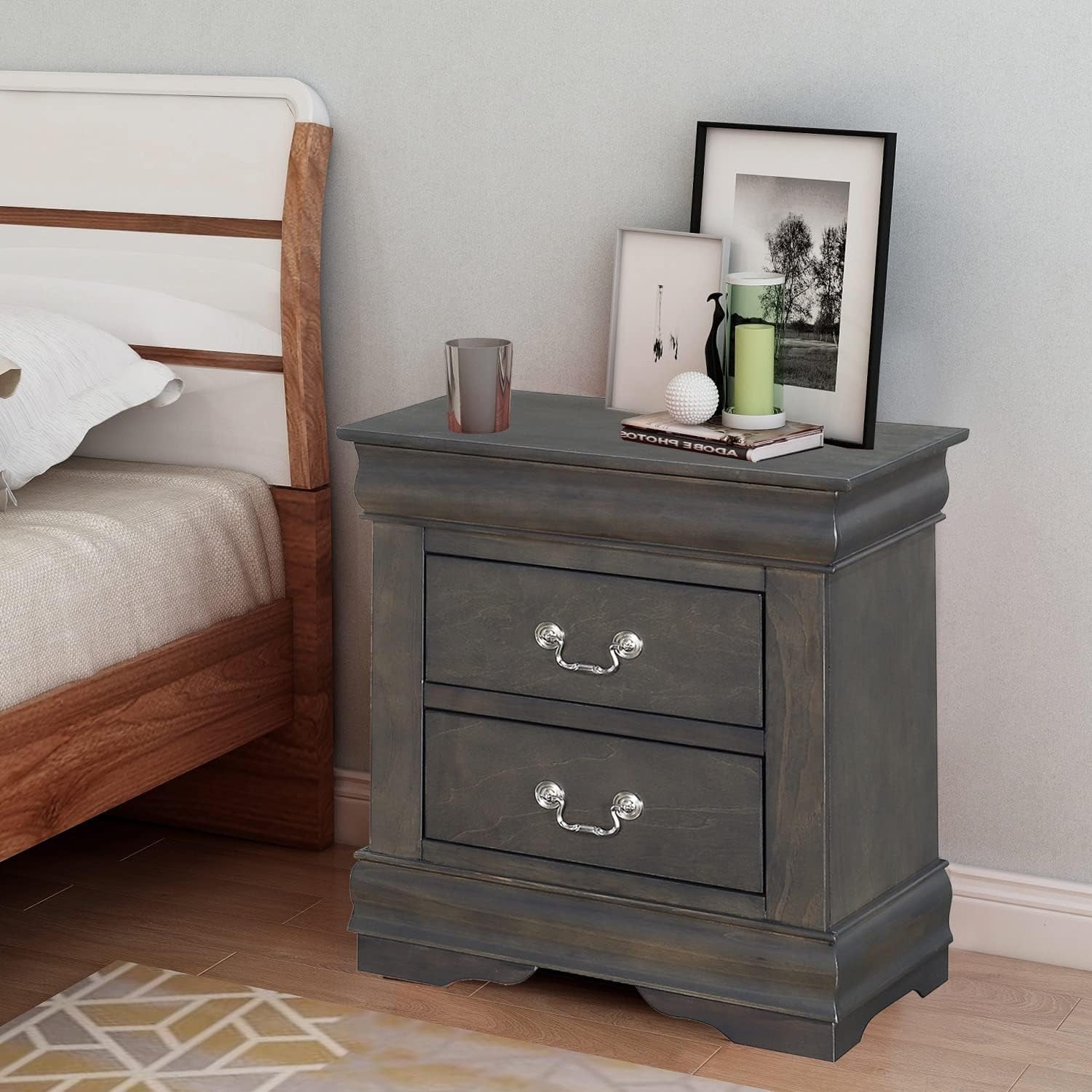 Dark Gray Traditional Wood Nightstand with 2 Drawers, Rectangular Bedside Table with Metal Ring ...