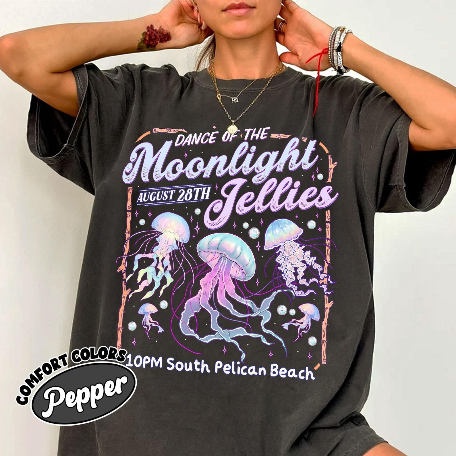 Dark Gray Vintage T-Shirt with Colorful Jellyfish Graphic - "Dance of ...