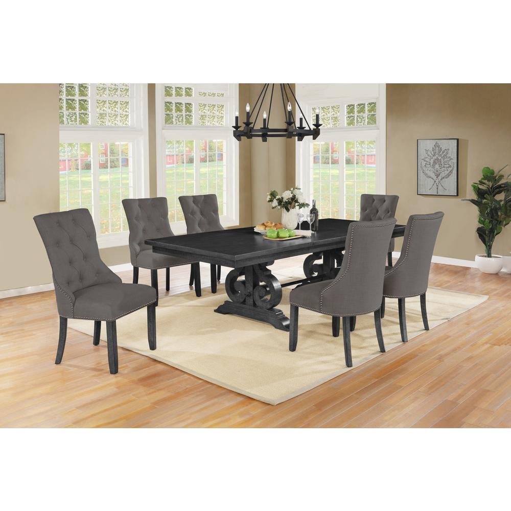 Dark Gray Wood Dining Set with Extendable Table and Gray Linen Chairs ...