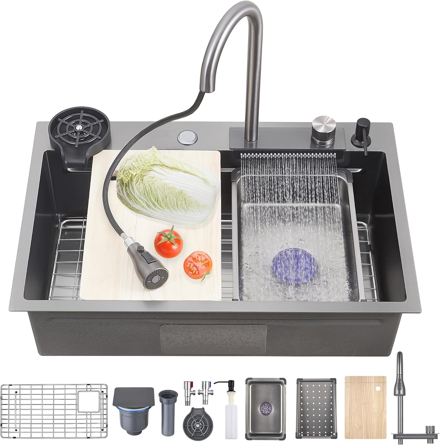 Dark Grayl Waterfall Kitchen Sink 34" X 20" Stainless Steel Single Bowl ...