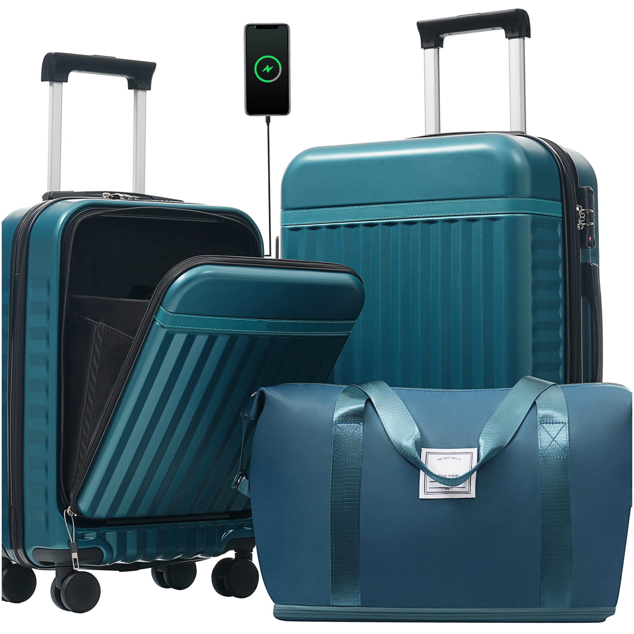 Dark Green ABS 3-Piece Hardside Luggage Set with Front Opening & USB ...