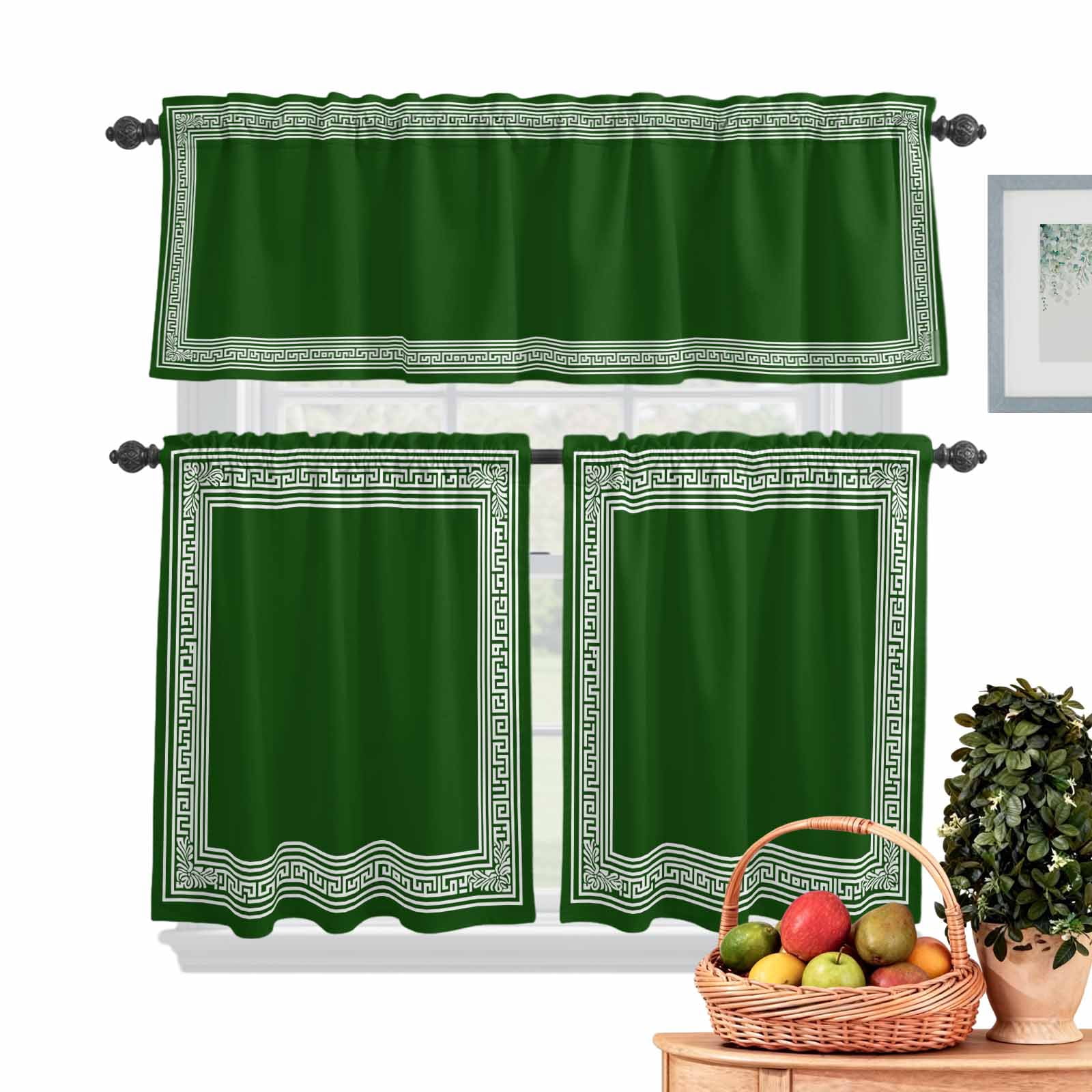 Dark Green Abstract Art Kitchen Curtains Valances 3 Piece Set, Greek ...