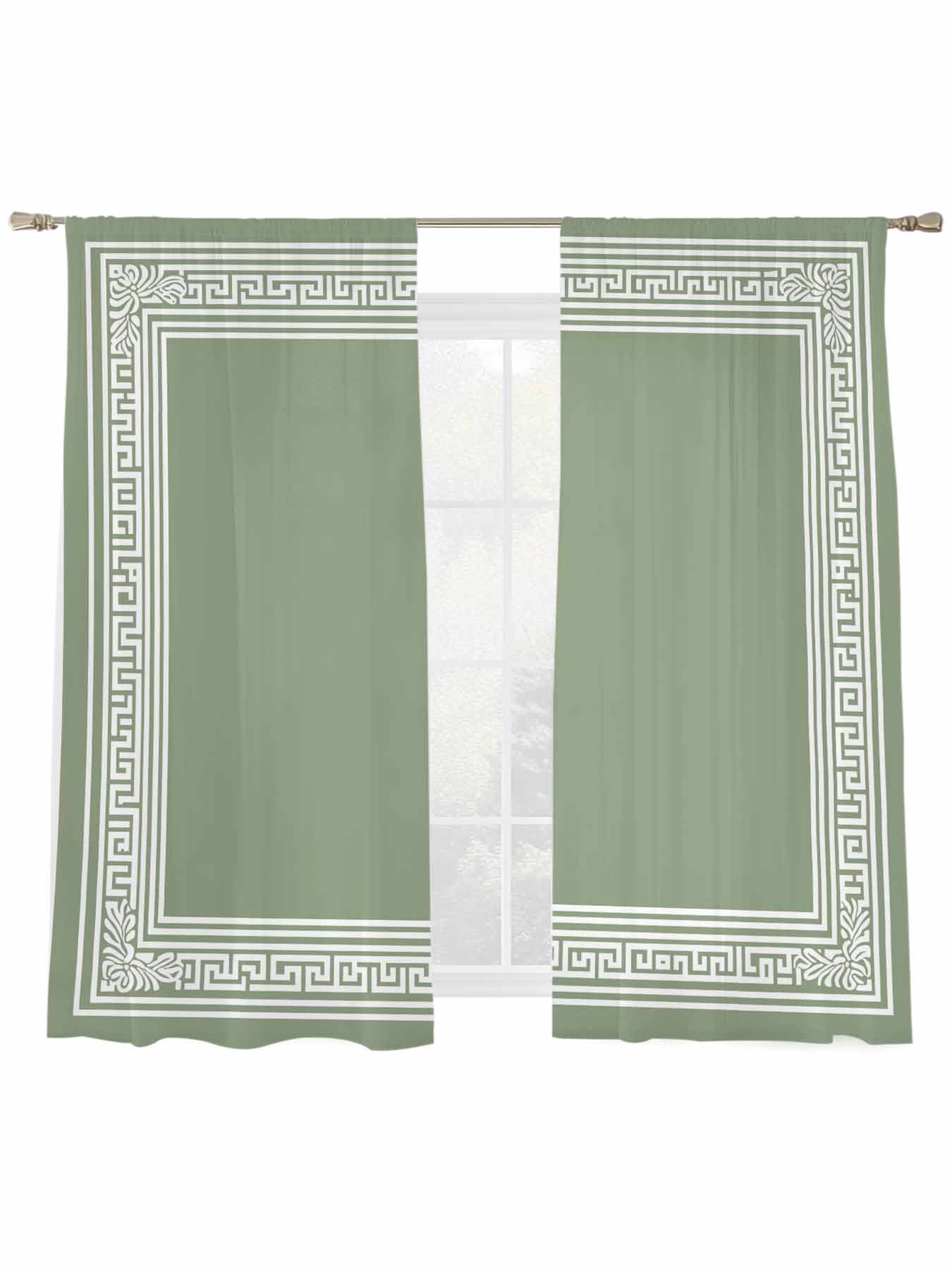 Dark Green Abstract Art Sheer Curtains 2 Panels Set Geometric Greek Key ...