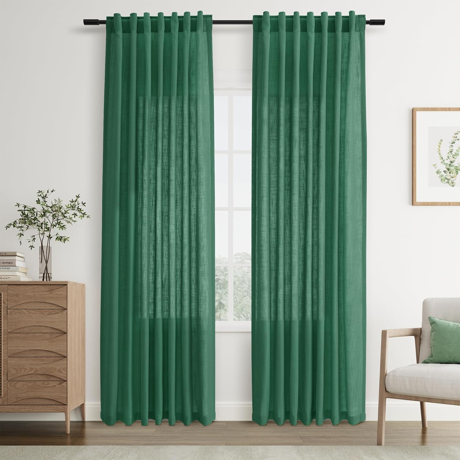 Dark Green Back Tab Rod Pocket Linen Curtains 96" Length 2 Panels ...