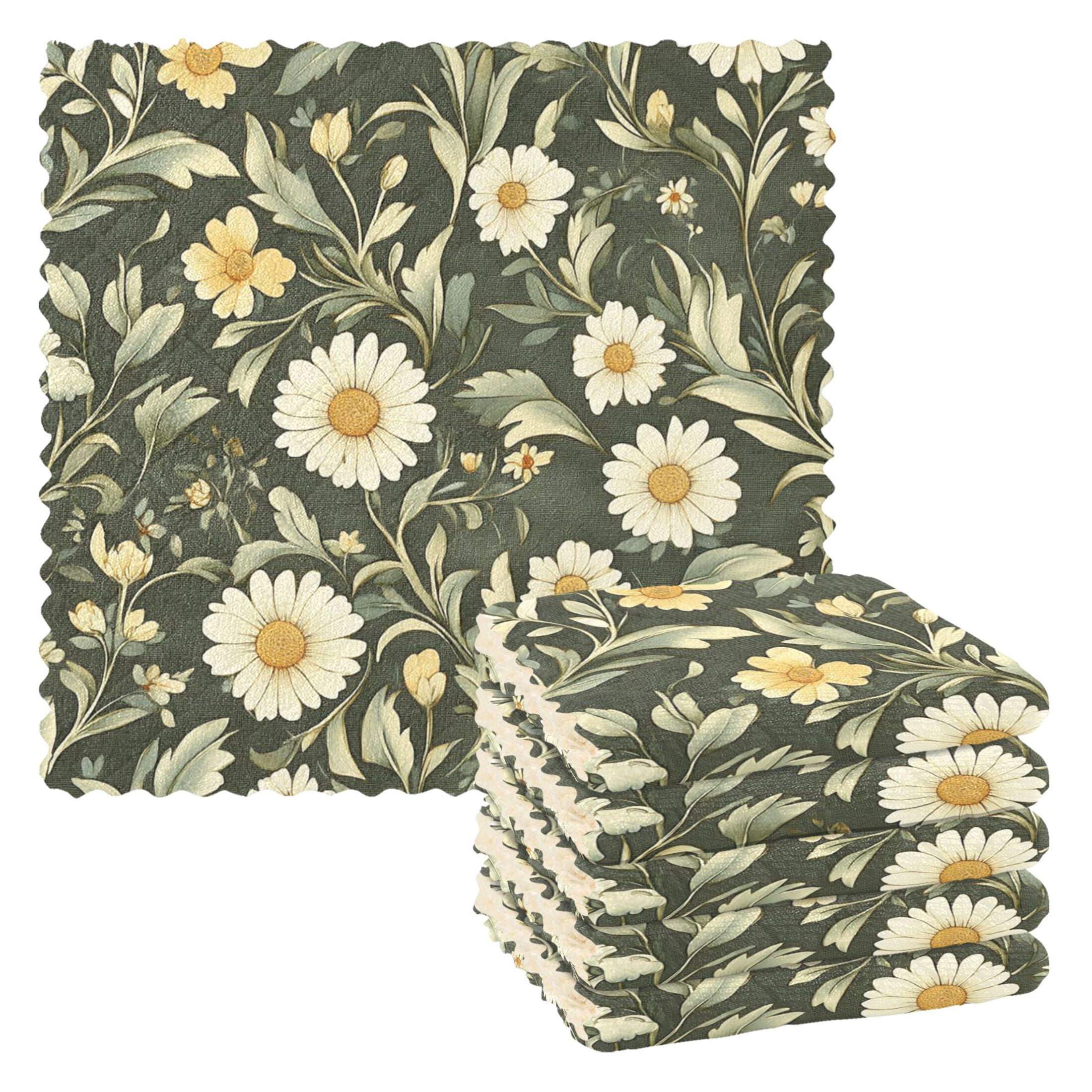 Dark Green Background with White Daisies Kitchen Cloth Dish Towels for ...