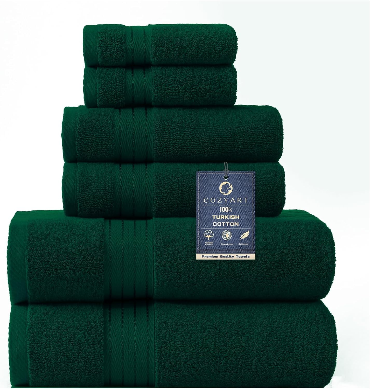 Dark Green Bath Towel Set 6Pcs, Turkish Cotton Hotel Soft Absorbent ...