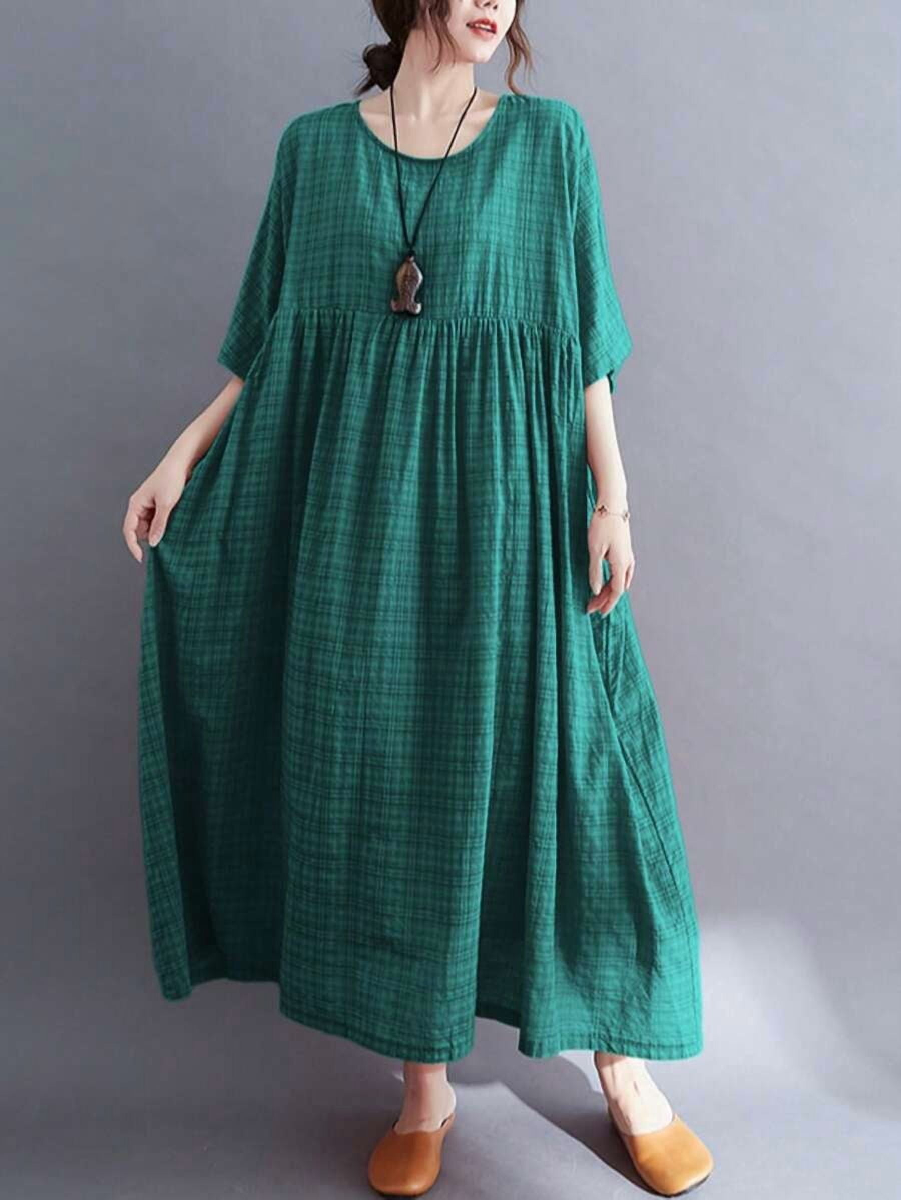 Dark Green Bohemian Loose A-Line Maxi Dress For Women, Oversized Casual ...