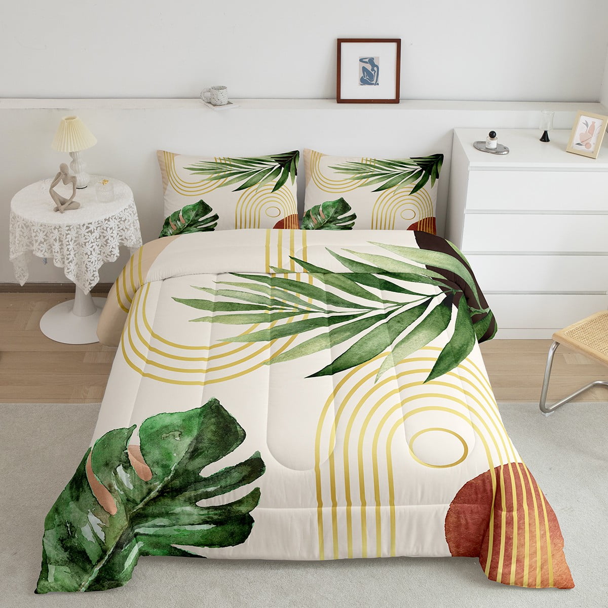 Dark Green Boho Comforter Set Twin Tropical Botanical Bedding Set ...