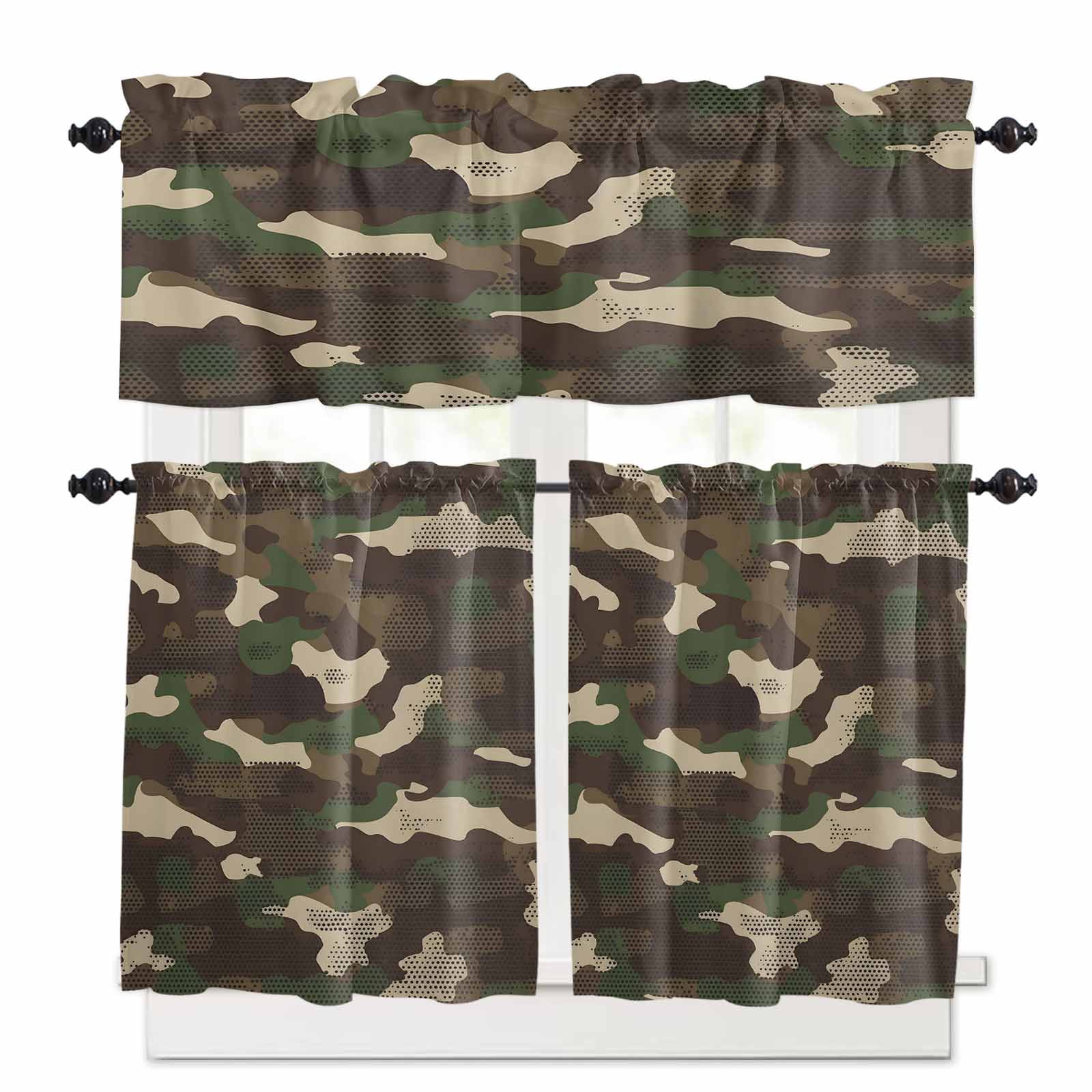 Dark Green Brown Kitchen Curtains Valance and Tier Set Vintage Military ...