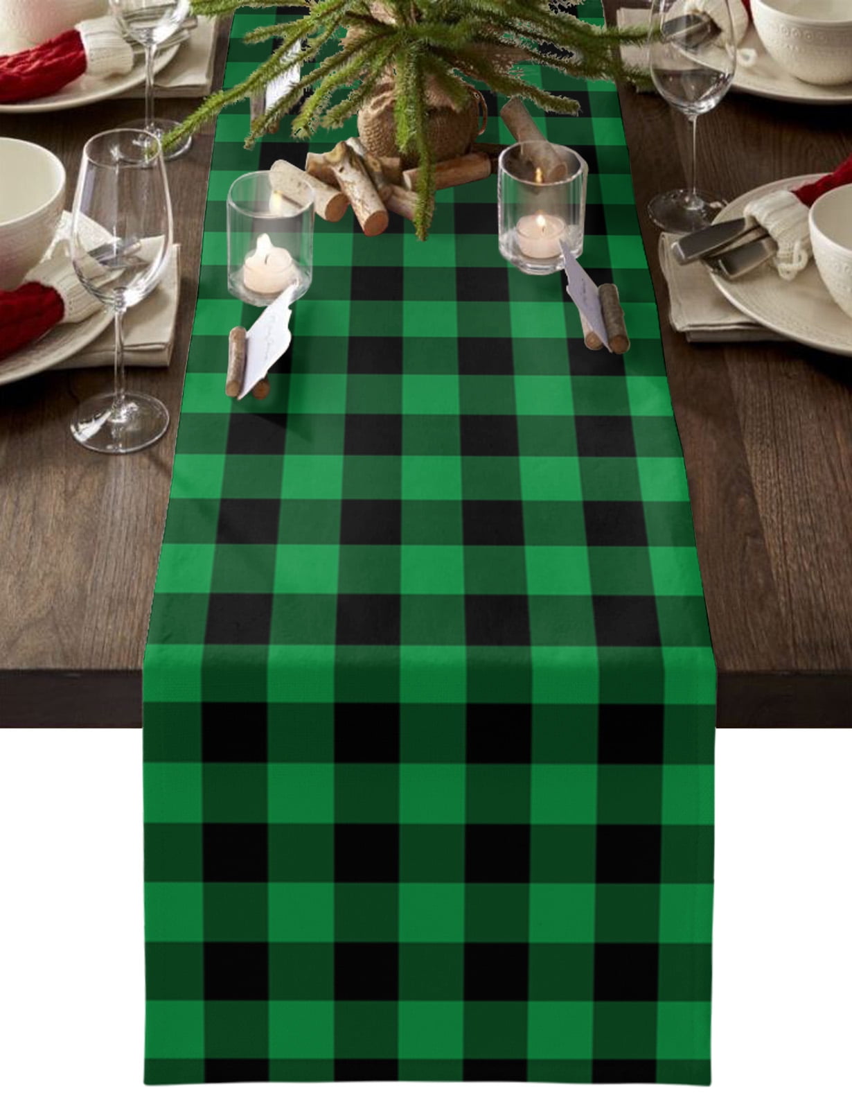 Dark Green Buffalo Check Table Runner 72 Inches, Rustic Modern Art Green Plaid Bed Runner ...