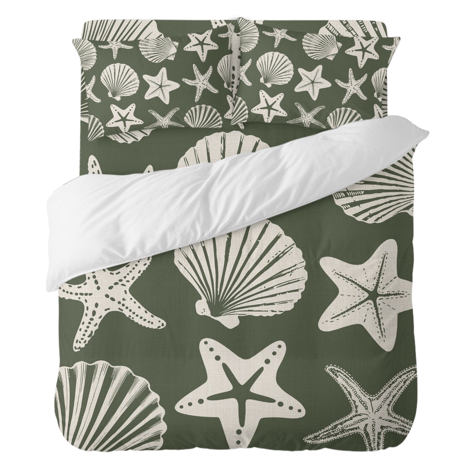 Dark Green Coastal Bedding Duvet Cover Set Full Size 4 Pieces, Starfish ...