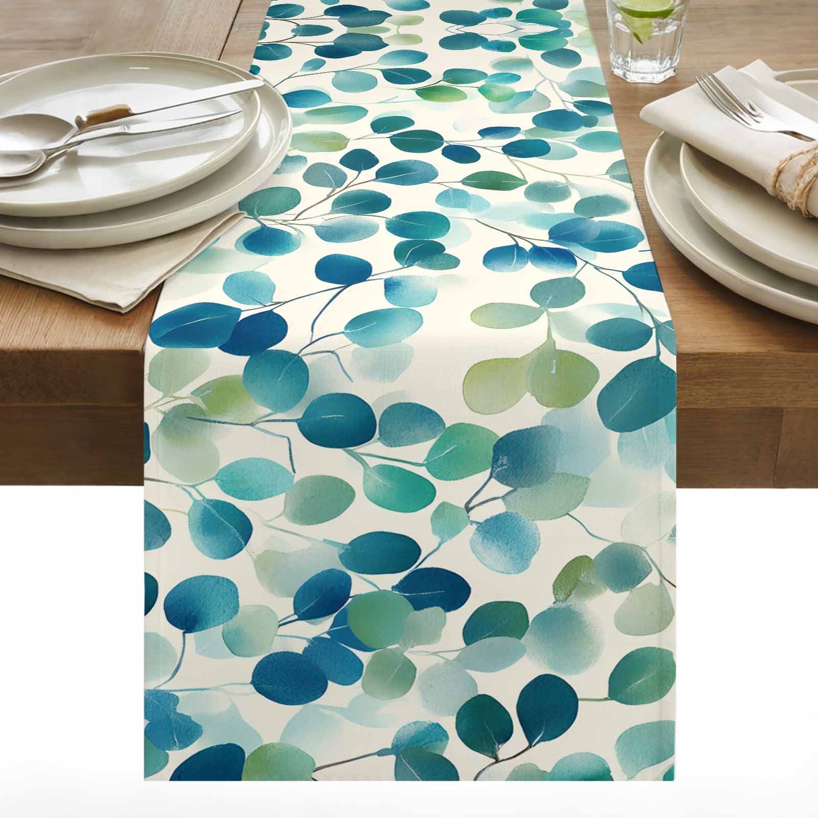 Dark Green Cotton Linen Table Runner Eucalyptus Leaves Spring Plants ...